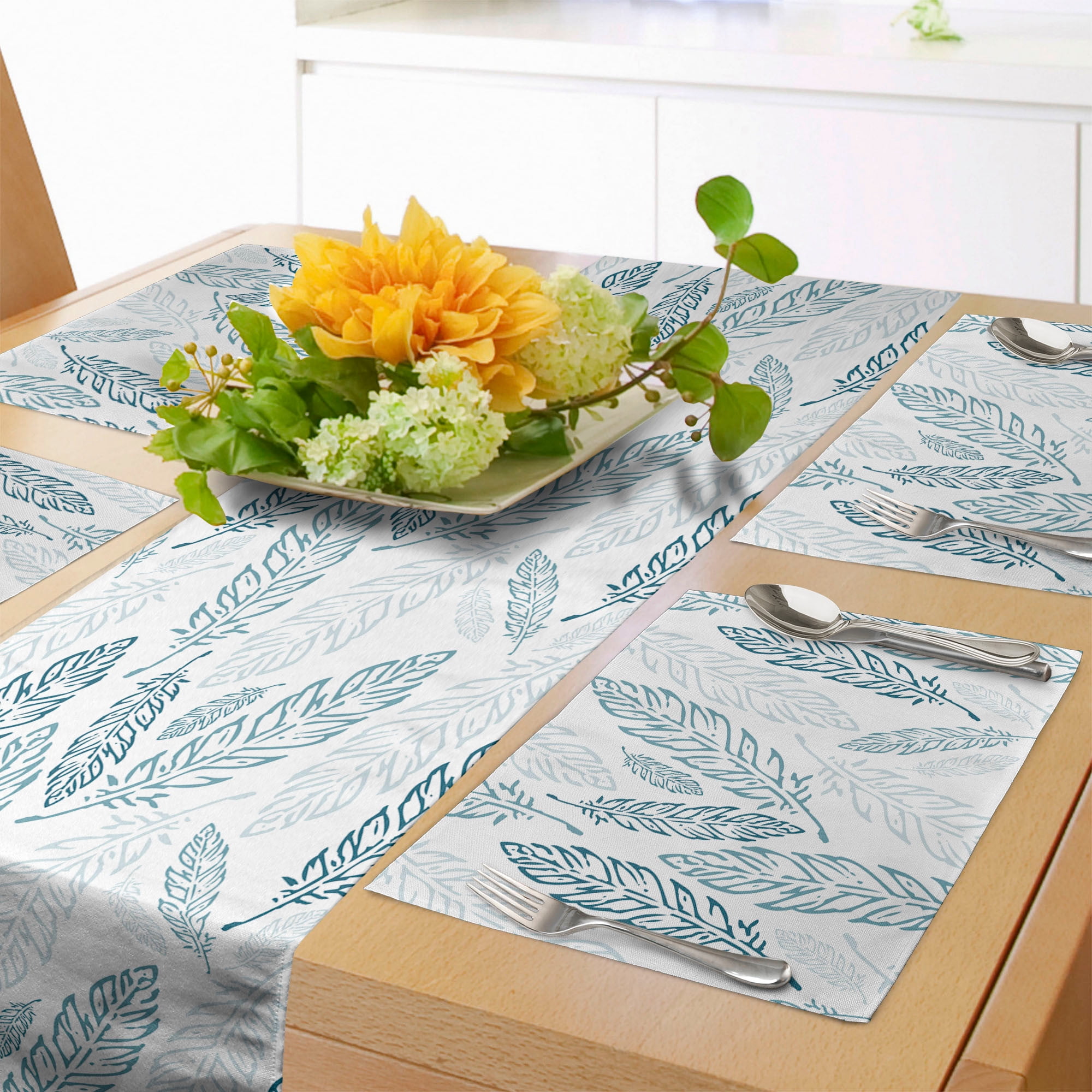 Teal and White Table Runner & Placemats, Pastel Colored Grunge Looking ...