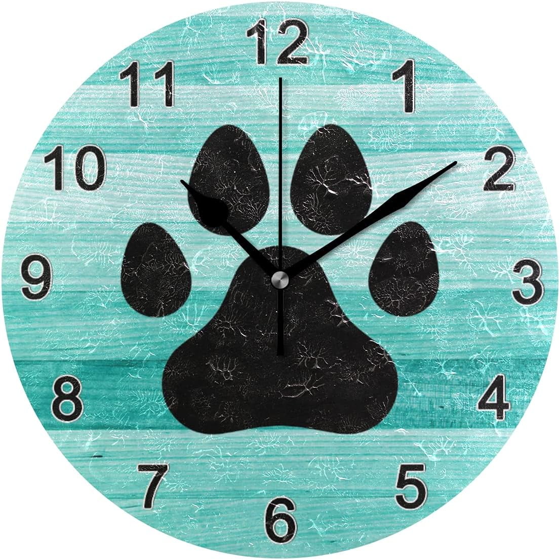 Teal Wood Black Dog Paw Print Wall Clock Round Non Ticking Silent for ...