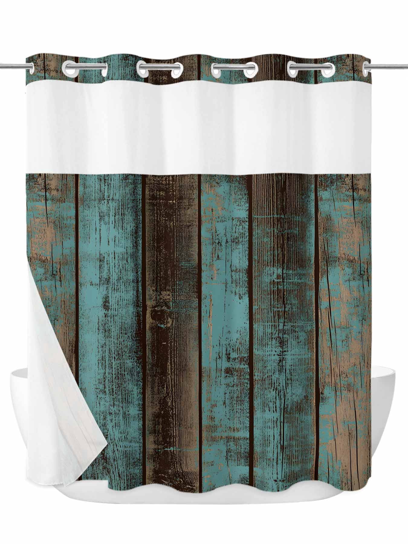 Teal Wood Grain No Hook Shower Curtain and Liner Set Farmhouse Board ...