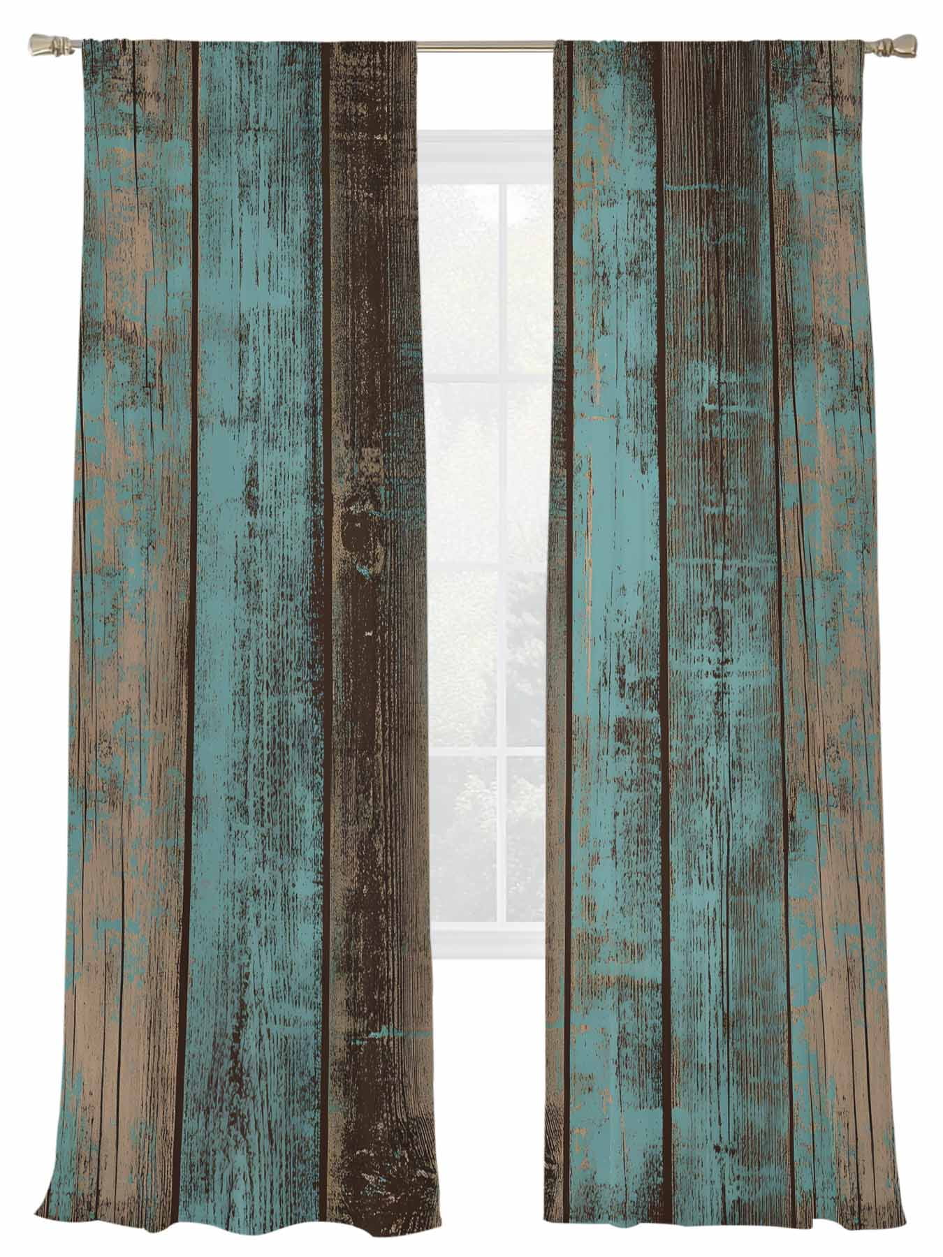 Teal Wood Grain Sheer Curtains 108 Inch Length 2 Panels Set, Semi ...