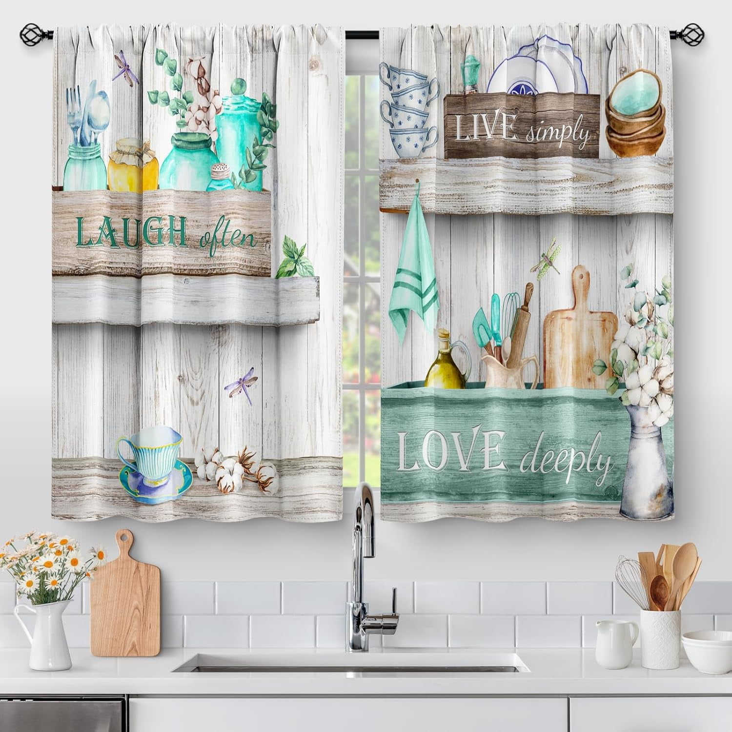 Teal Wood Kitchen Curtains - Rustic Wooden Country Farmhouse Small ...