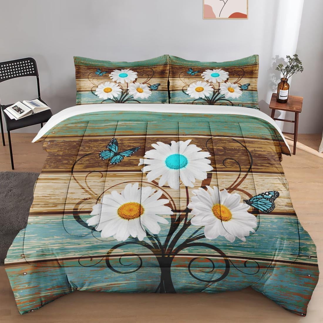 Teal Wood Wooden Floral Comforter Set King Size Rustic Yellow Sunflower ...