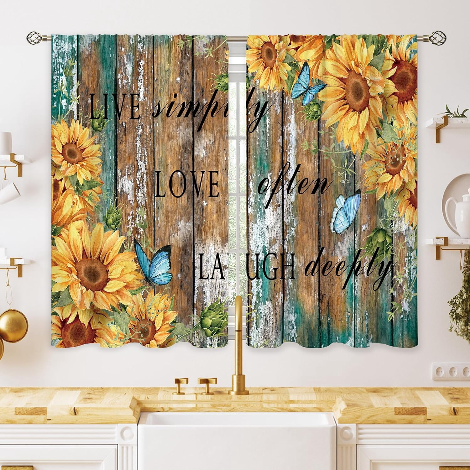 Teal Wooden Farmhouse Sunflower Small Kitchen Curtains Rustic Flower ...