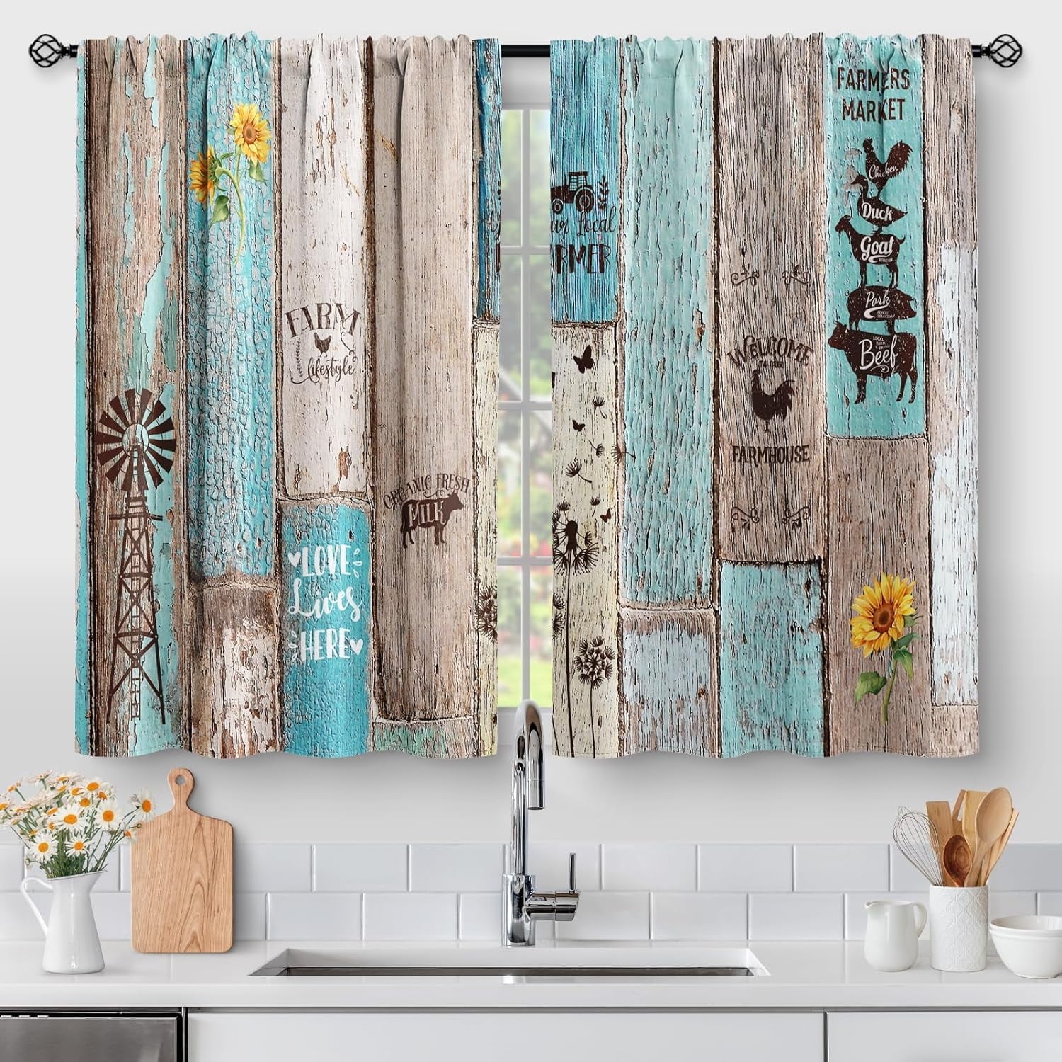 Teal Wooden Kitchen Curtains - Country Floral Farm Rustic Vintage Wood ...