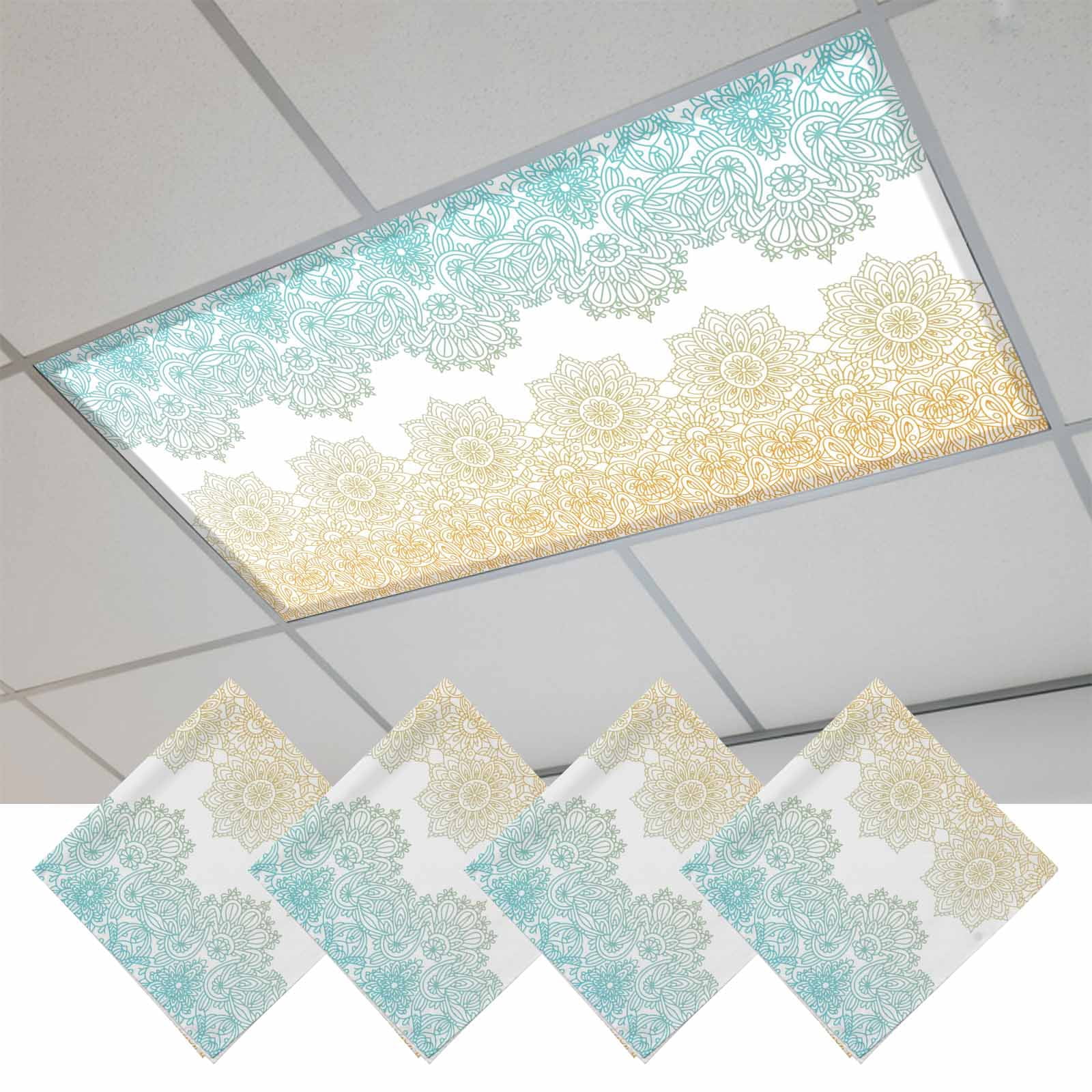 Teal Yellow Boho Magnetic Fluorescent Light Covers for Ceiling Lights ...