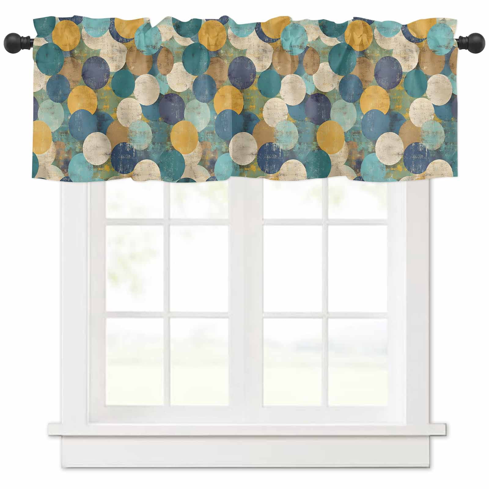 Teal Yellow Circle Valances for Windows Farmhouse Kitchen Curtains ...
