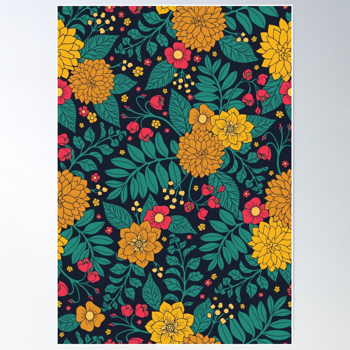 Teal, Yellow & Coral Floral Pattern With Leaves And Flowers Poster Wall ...