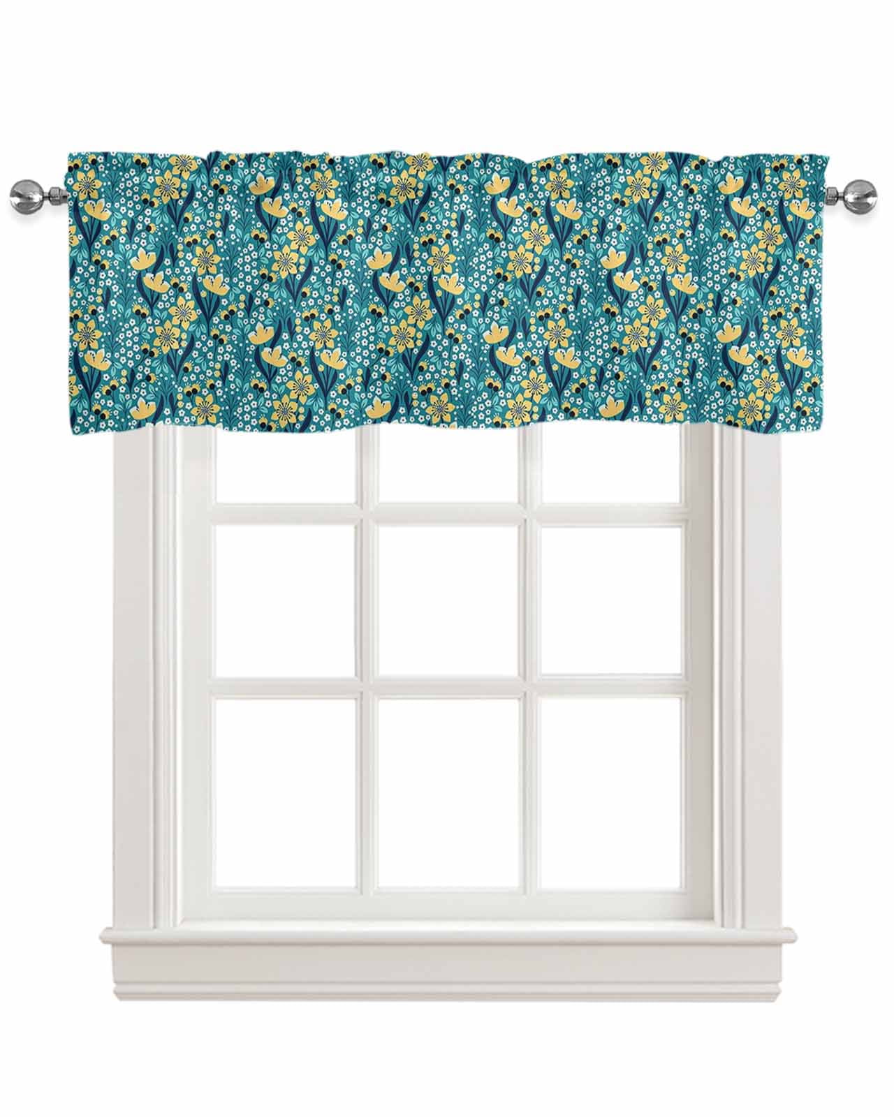 Teal Yellow Flowers Linen Curtain Valance for Bedroom/Bathroom/Kitchen ...