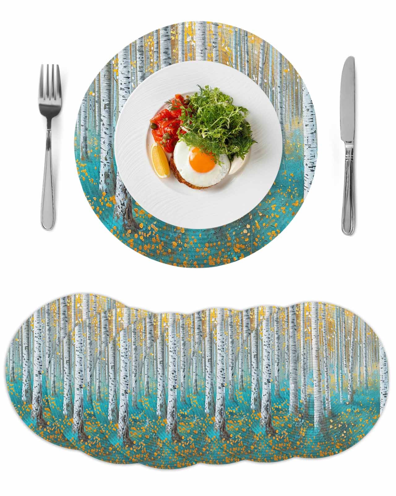 Teal Yellow Oil Painting Round 15 Inch Placemats Set of 6, Contemporary ...