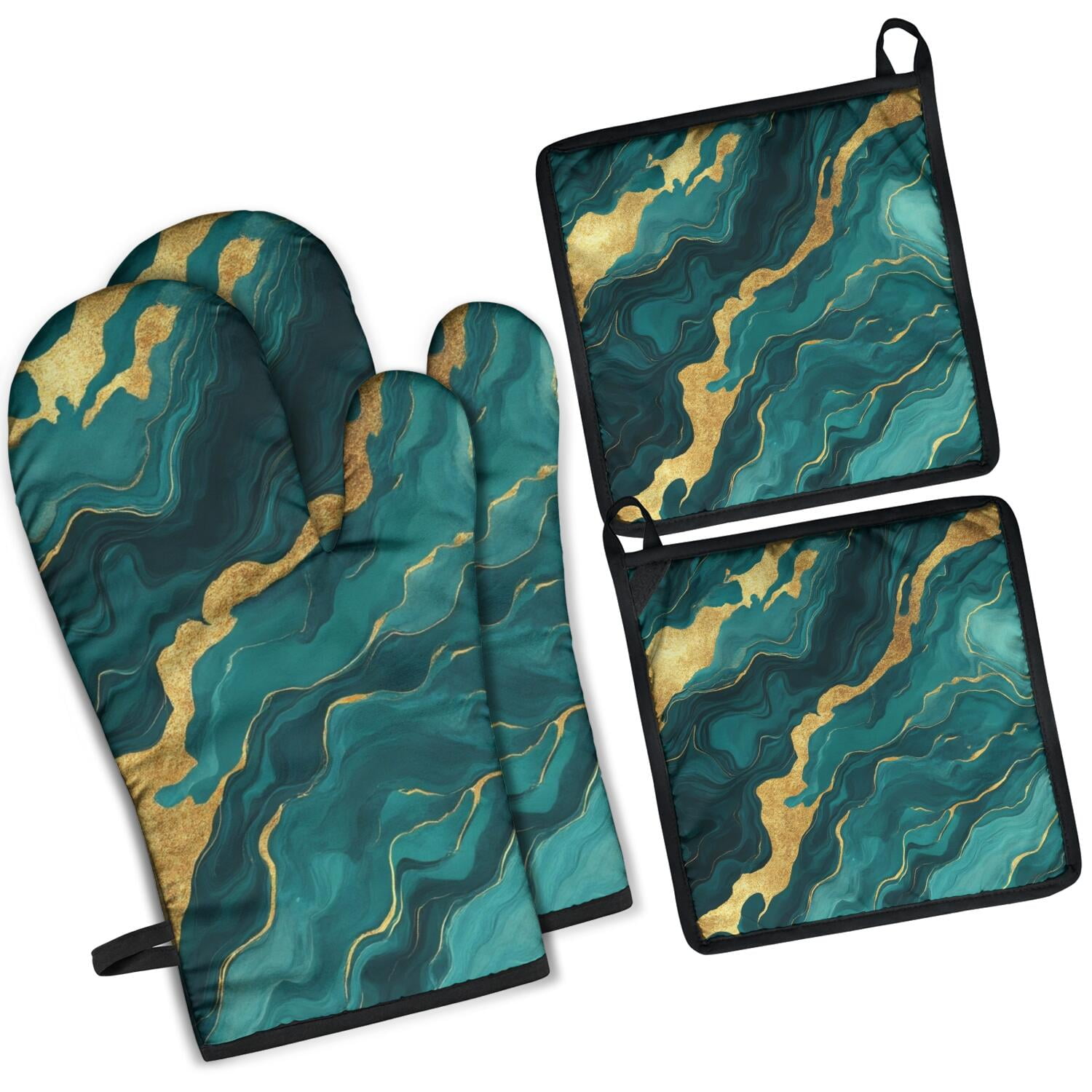 Teal and Gold Marble Glitter Dots Pattern Kitchen Oven Mitt and Pot ...