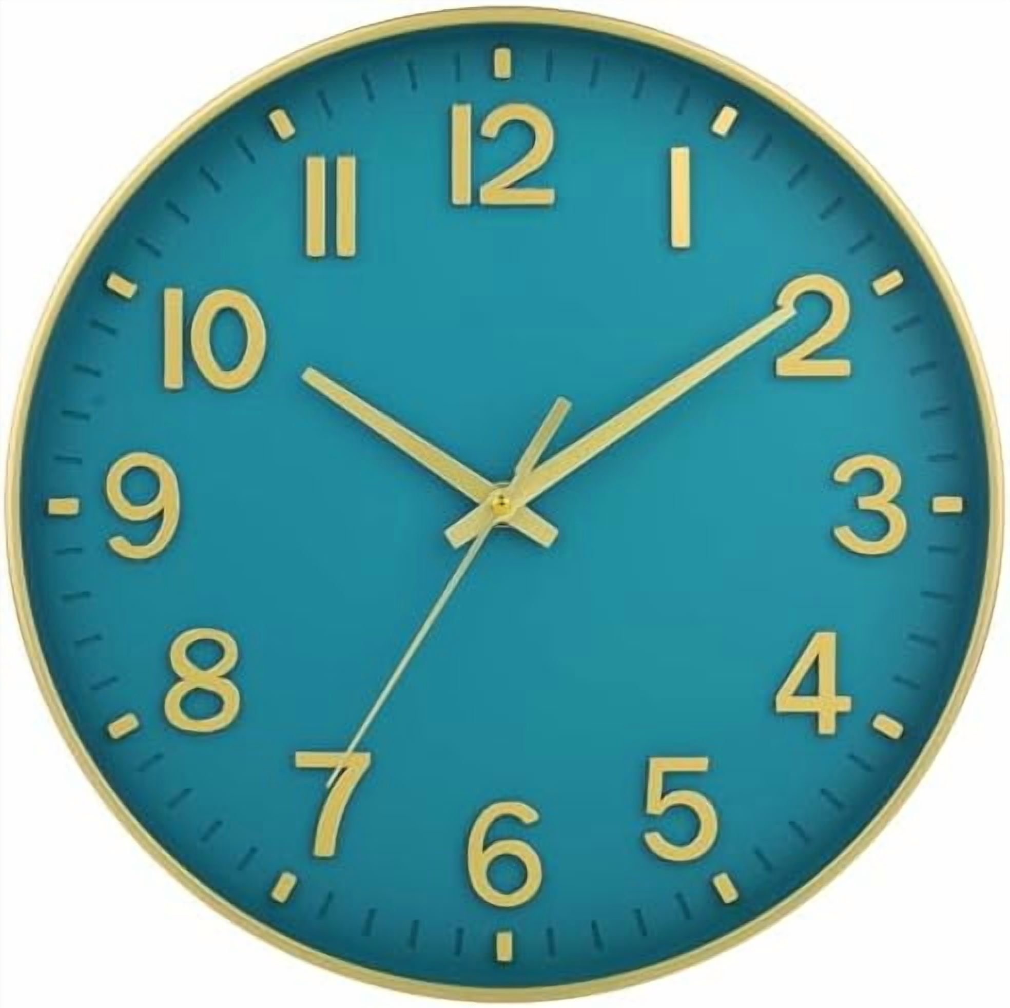 Teal and Gold Wall Clocks Battery Operated 12 inch Silent Non Ticking ...