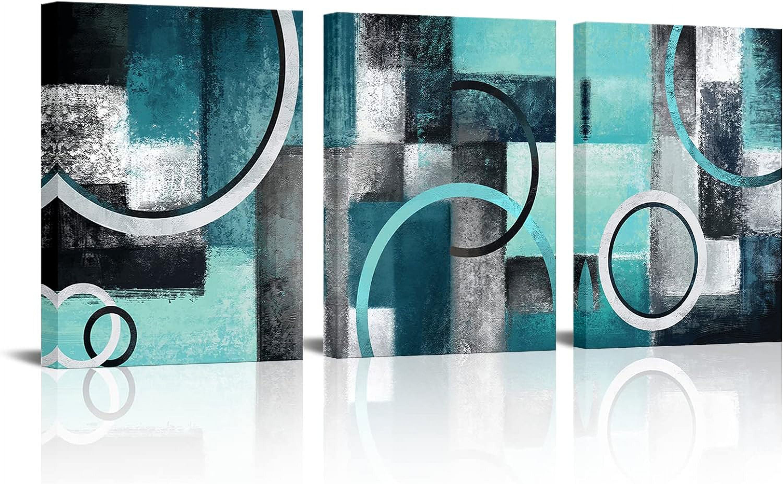 Teal and Grey Abstract Geometric Circle Canvas Wall Art Rustic ...