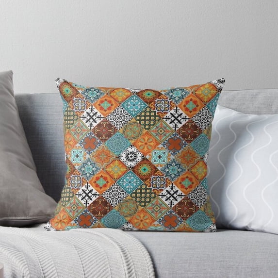 Teal and Orange Mosaic Tile Square Pillow Case, 100% Polyester Velvet ...