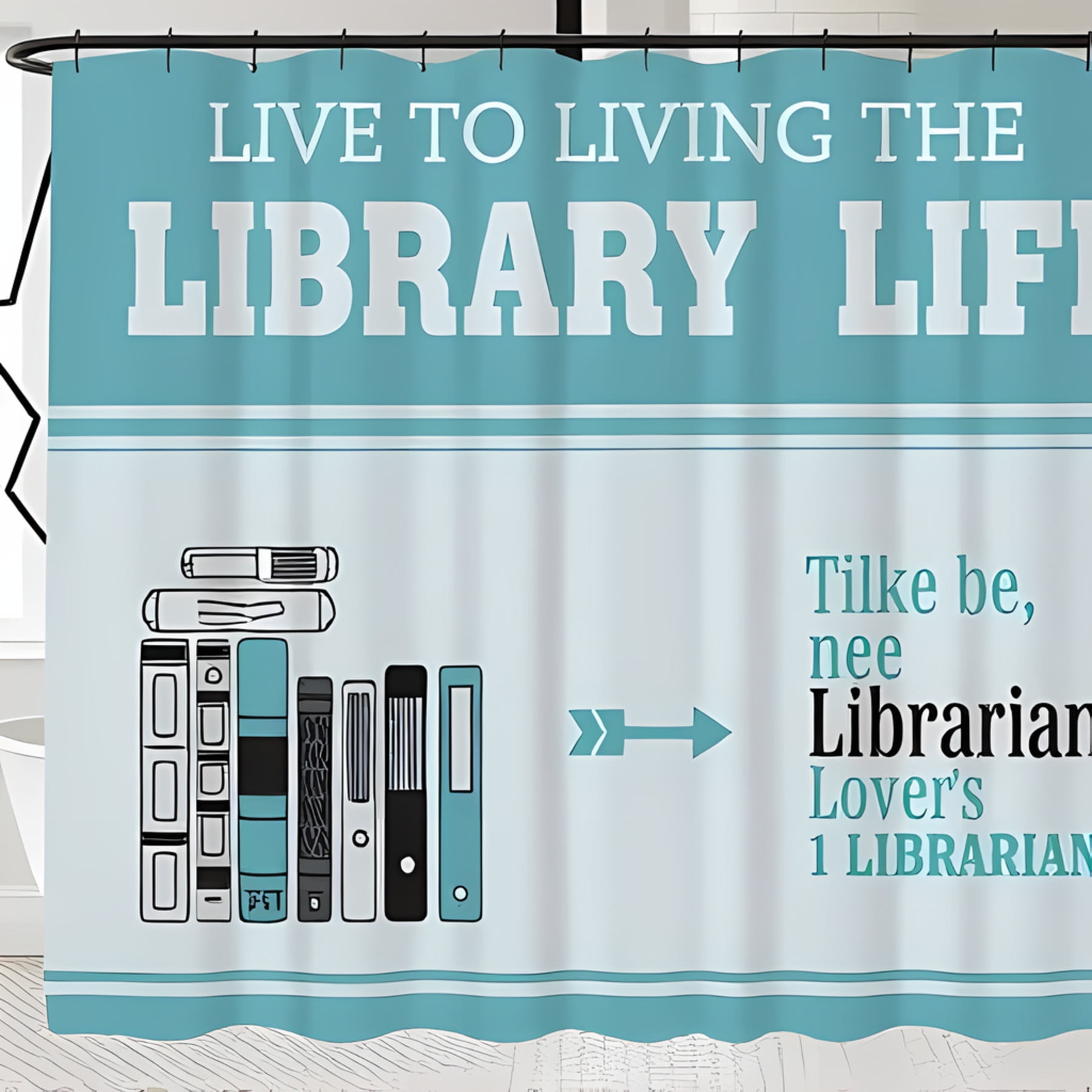 Teal and White Library Life Shower Curtain with Playful Book Stack ...
