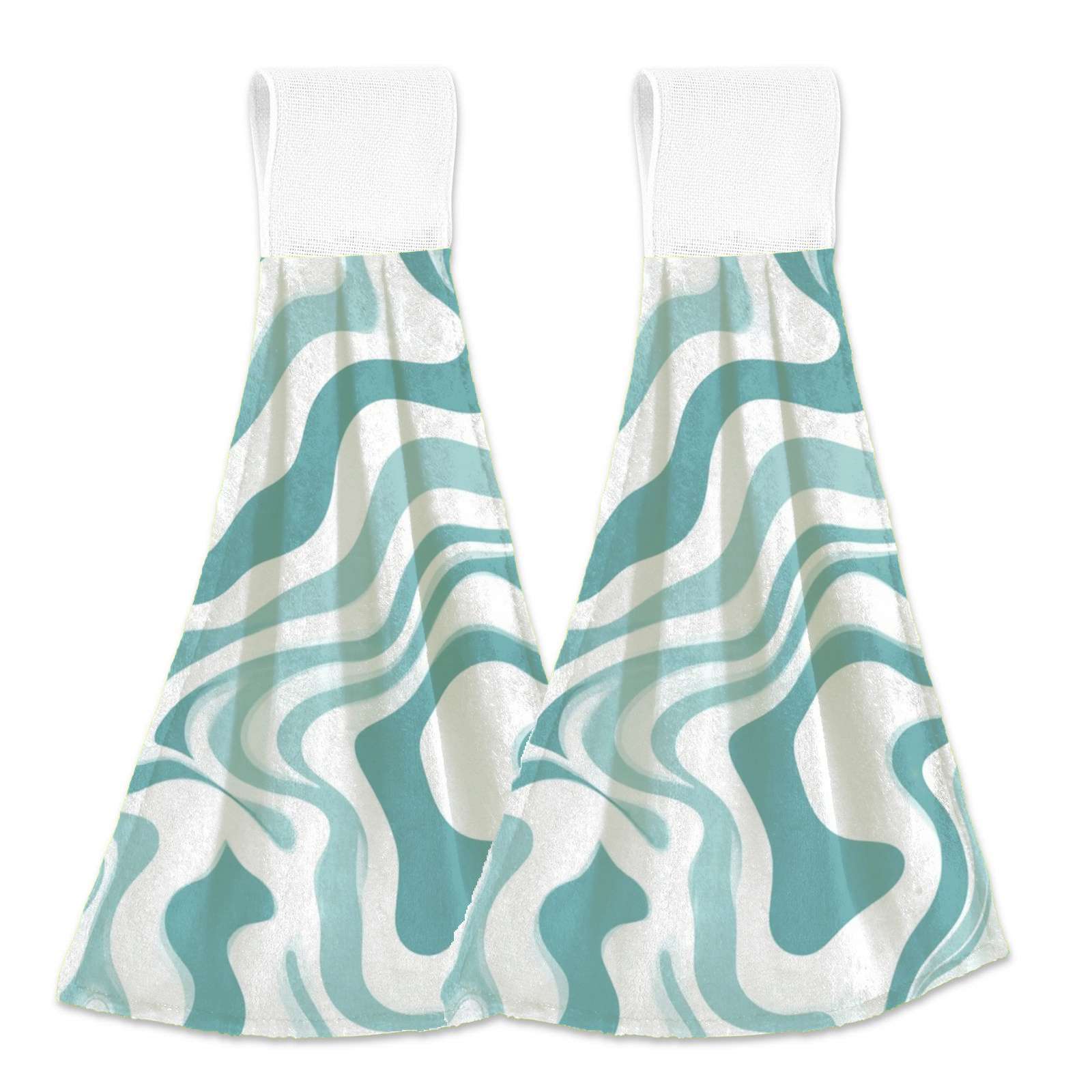 Teal white abstract wavy pattern Hanging Kitchen Hand Towels Sets with ...