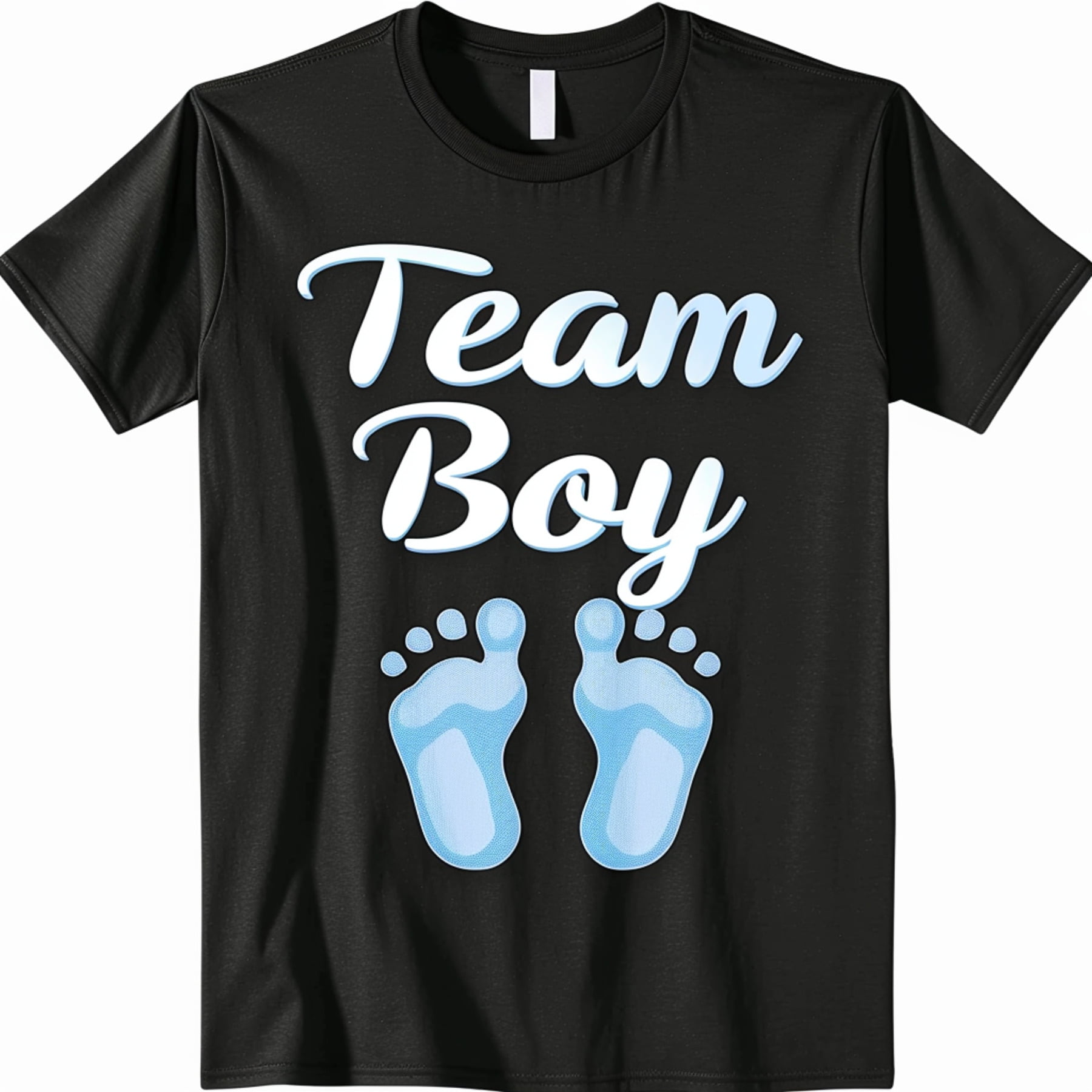 Team Boy Gender Reveal Party Black T Shirt with Blue Middle Footprints ...