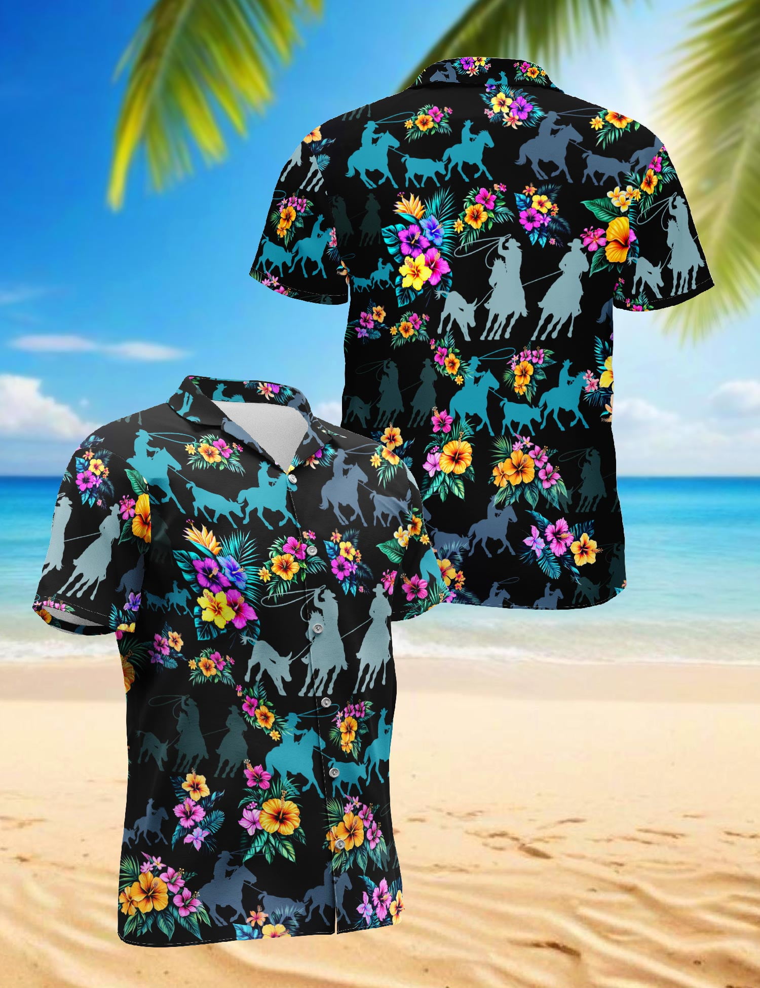 Team Roping Hawaiian Shirt for Men, Tropical Style, Button Down Summer ...