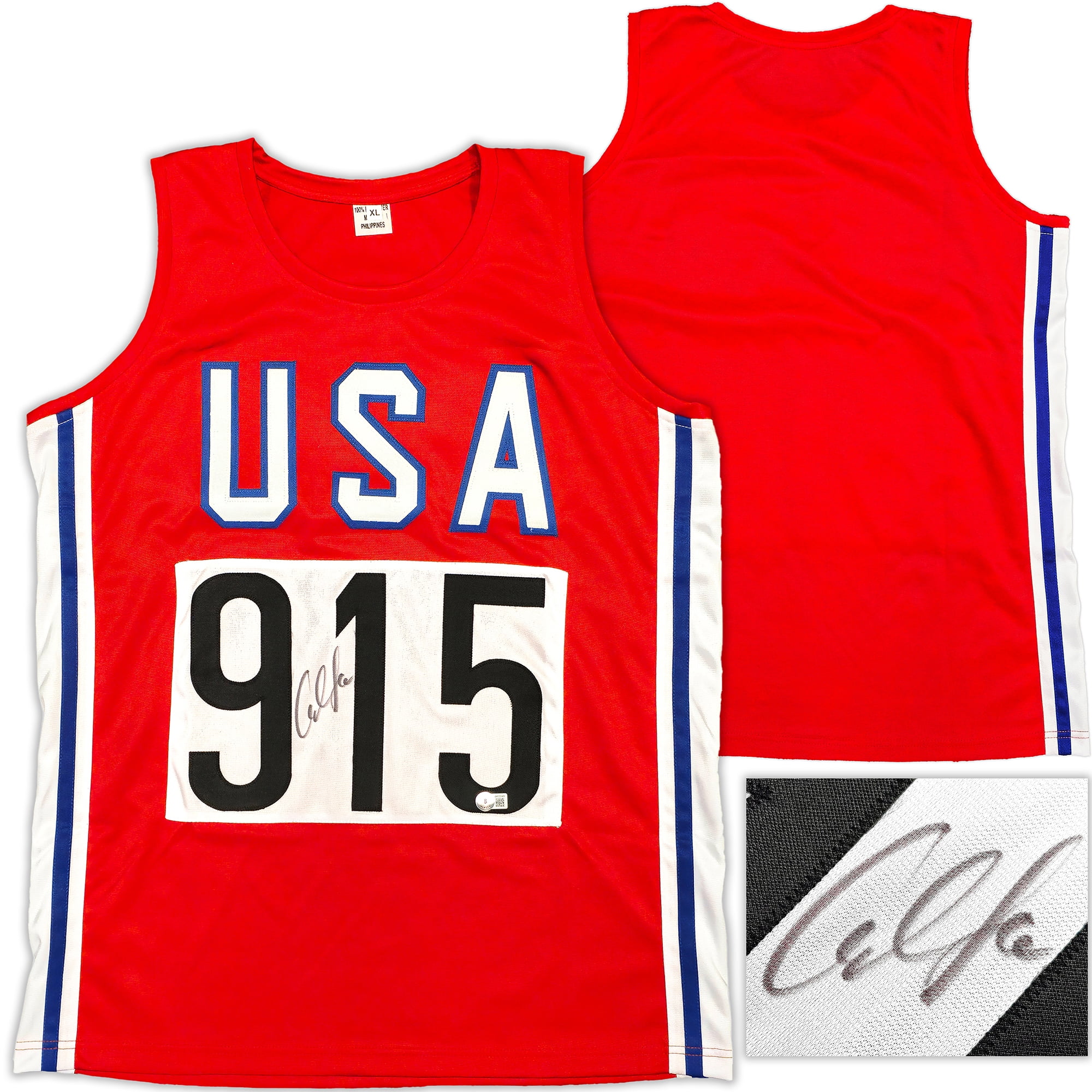 Team USA Carl Lewis Autographed Red, White and Blue Jersey Beckett BAS ...