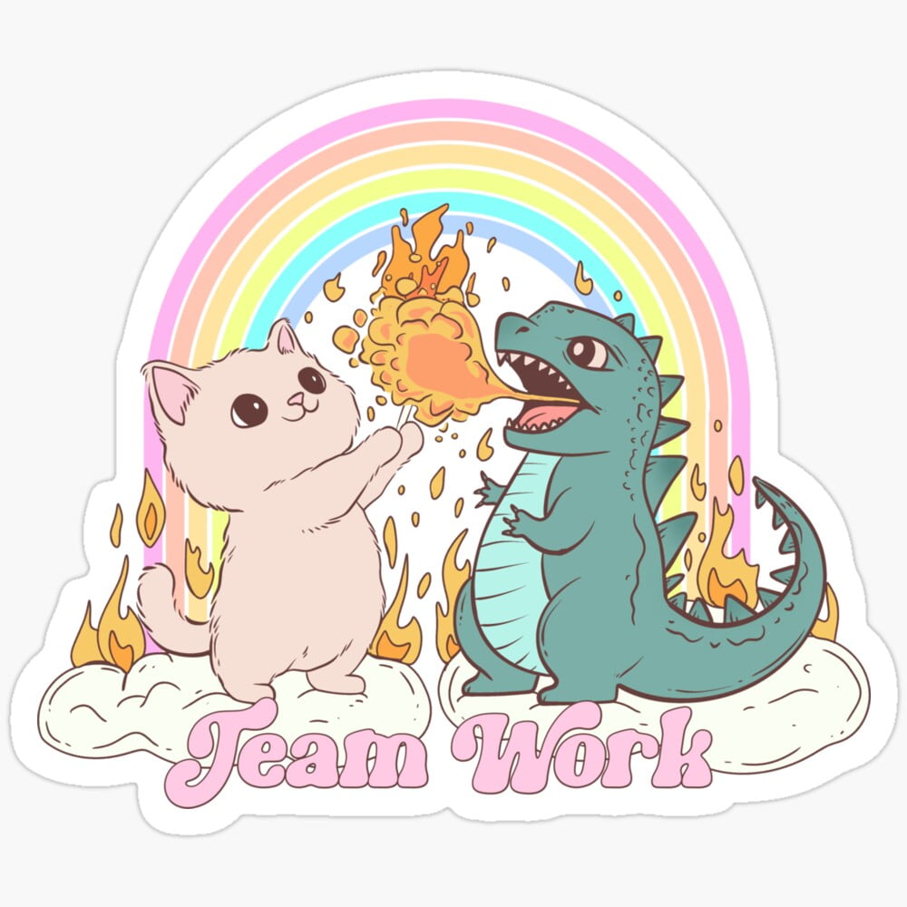 Team Work! Cute Cat And Dino Sticker Phone Decal Water Bottle Stickers ...