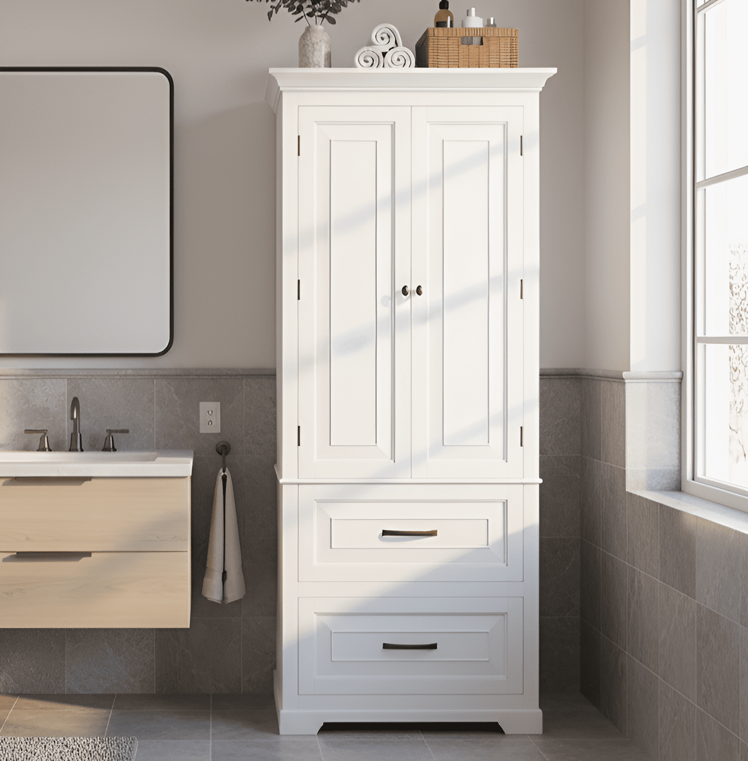 Teamson Home St. James Wooden Linen Tower Cabinet with 2 Drawers, White ...