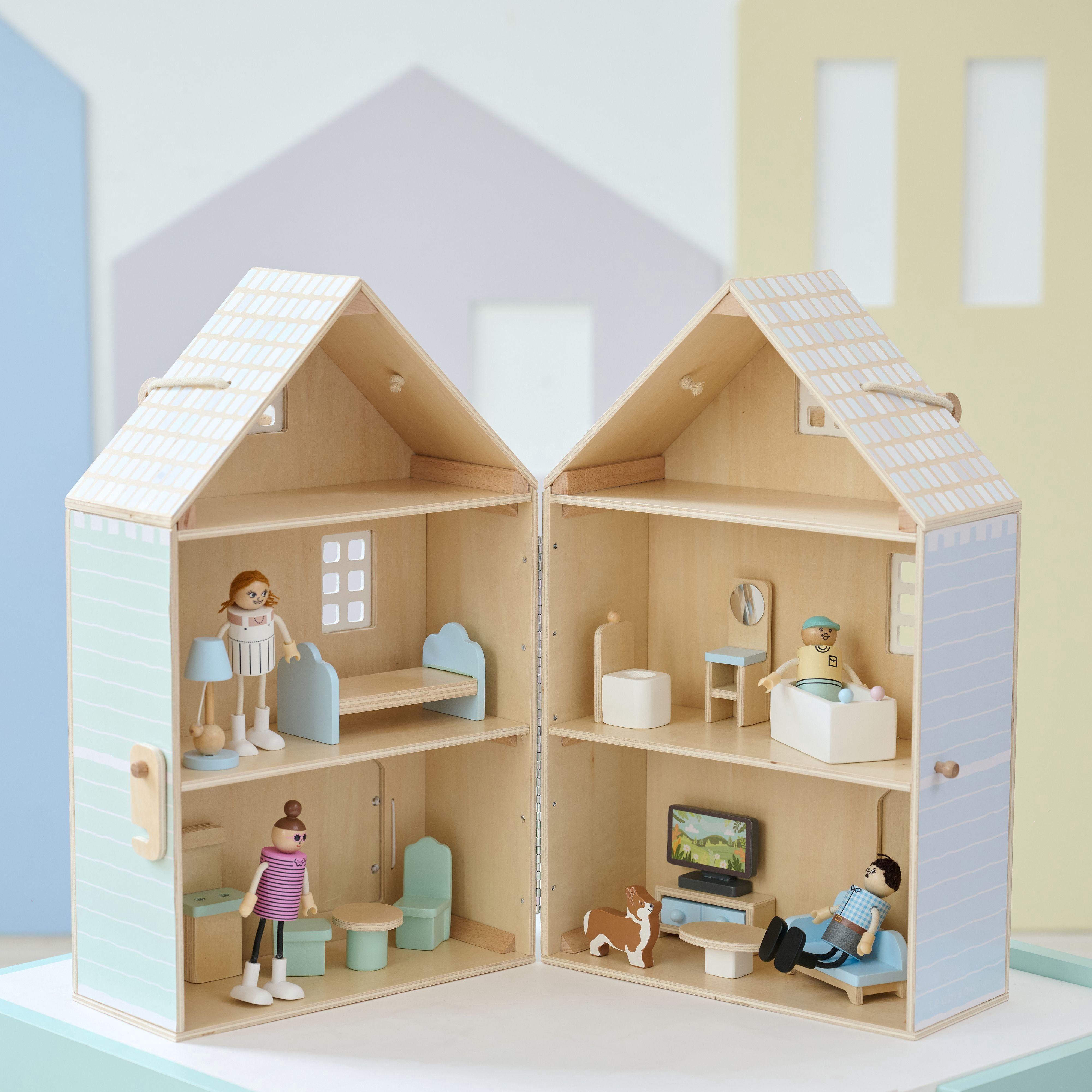 Teamson Kids 3-Story Wooden Dollhouse, Foldable Townhouse with 18 ...