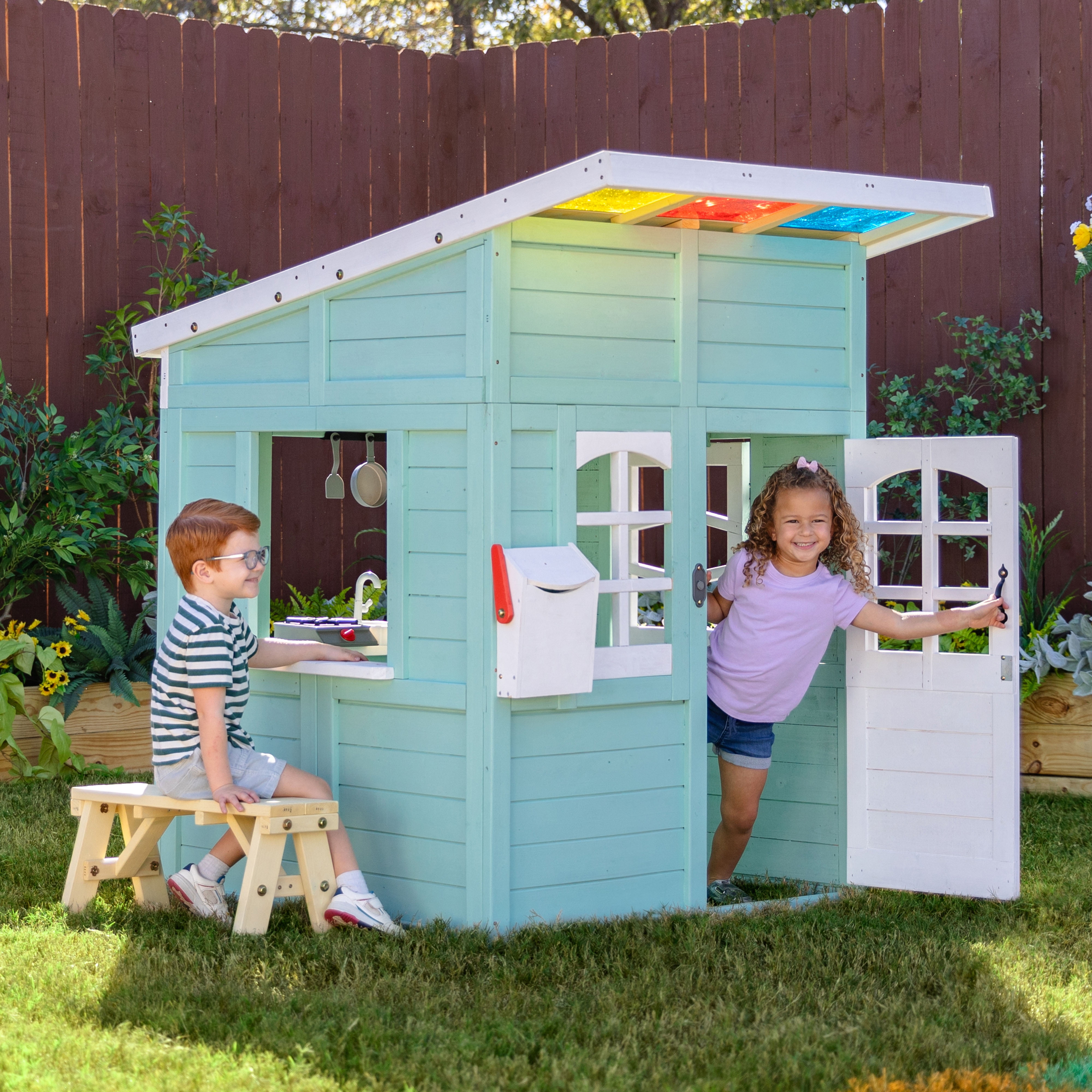 Teamson Kids Issac Wooden Playhouse with Kitchen, Flower Box and Bench ...