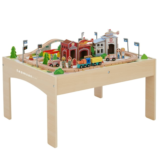 Teamson Kids Preschool Play Lab Toys Wooden Table with 85-pc Train and ...