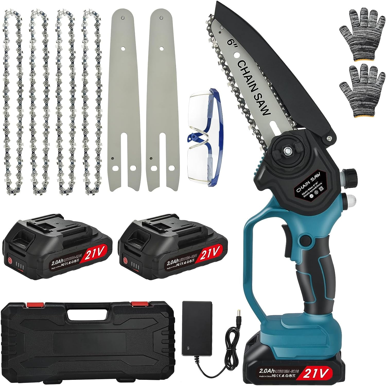 6inch Mini Chainsaw - Cordless, w/ 2.0Ah Battery, 4 Chains, Safety Lock ...