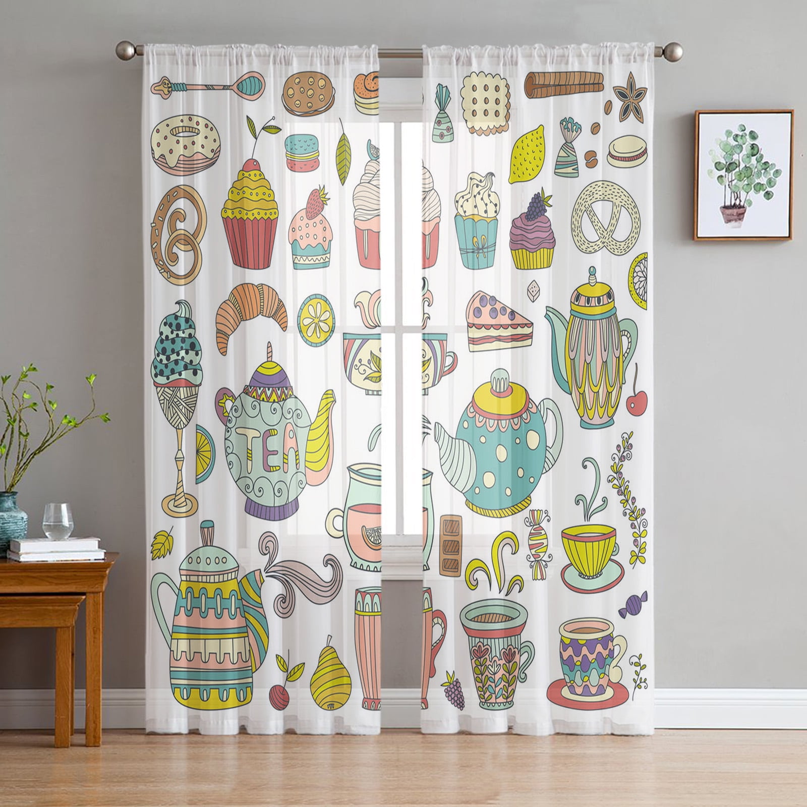 Teapot Pastry Fruit Teacup Flowers Tulle Curtains for Living Room ...
