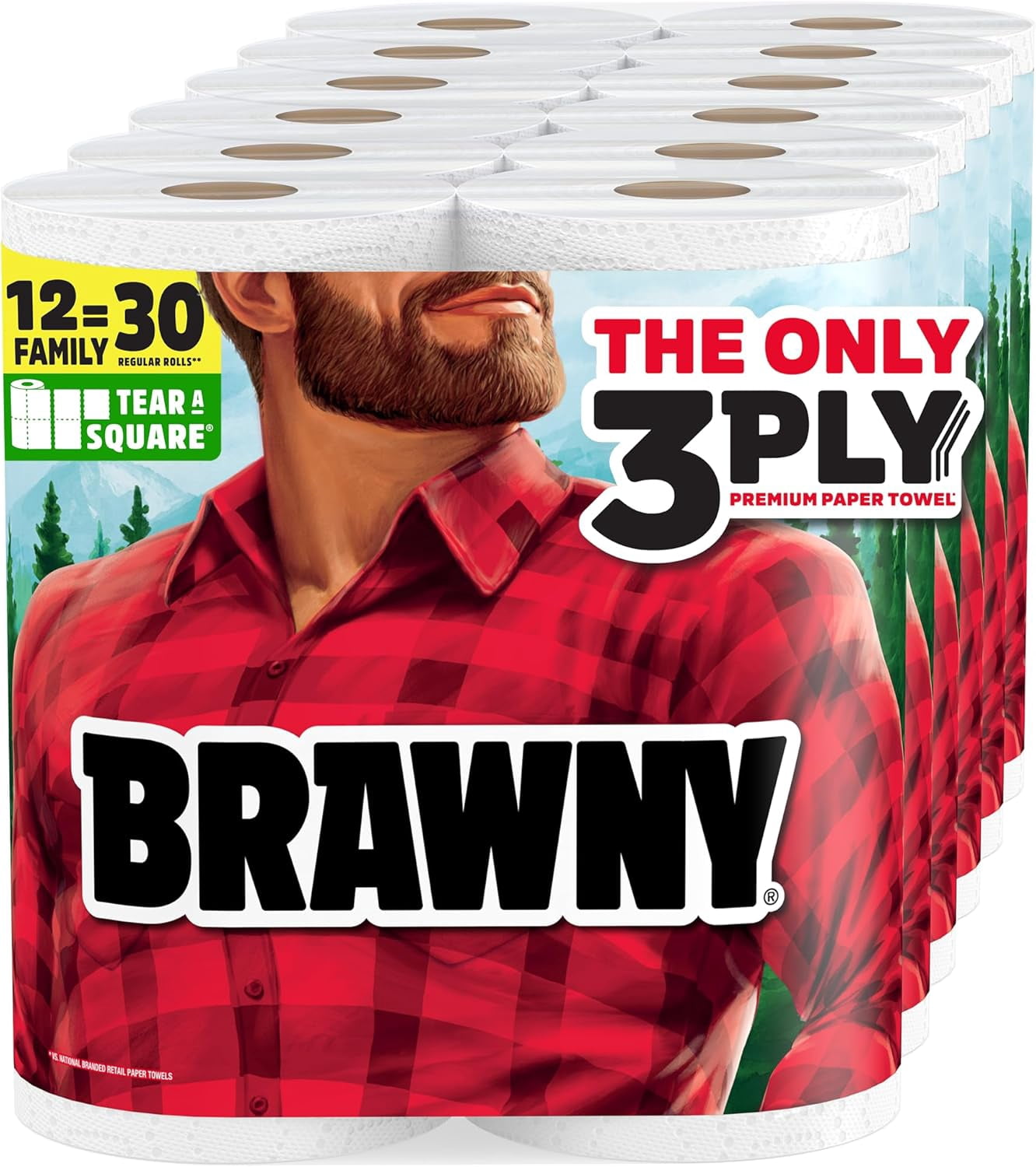 Brawny Tear-A-Square 3-Ply Paper Towels, 12 XL Family Rolls = 30 ...