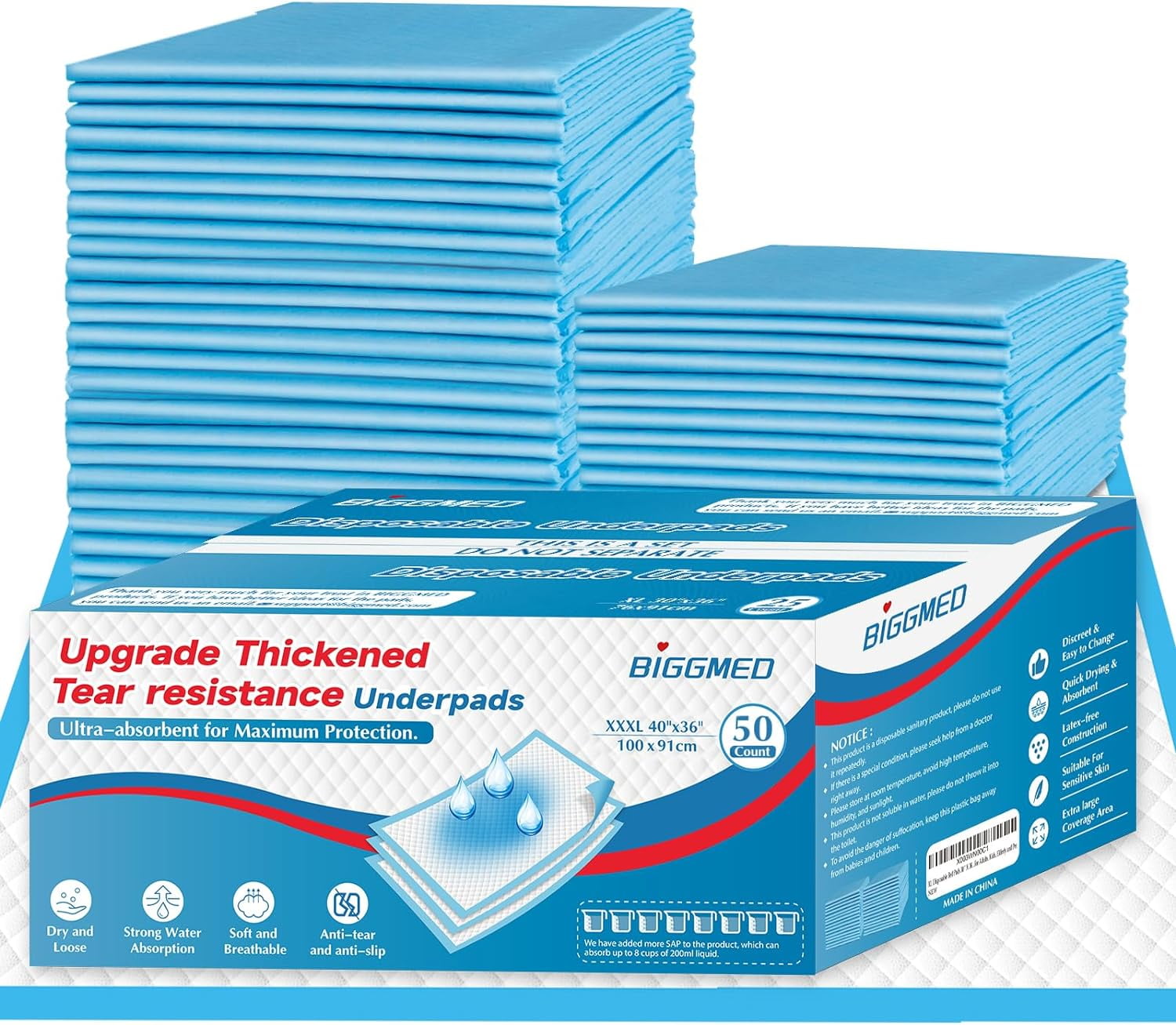 Tear-Resistant Incontinence Bed Pads 40'' x 36'' (50 Count) with 125 ...