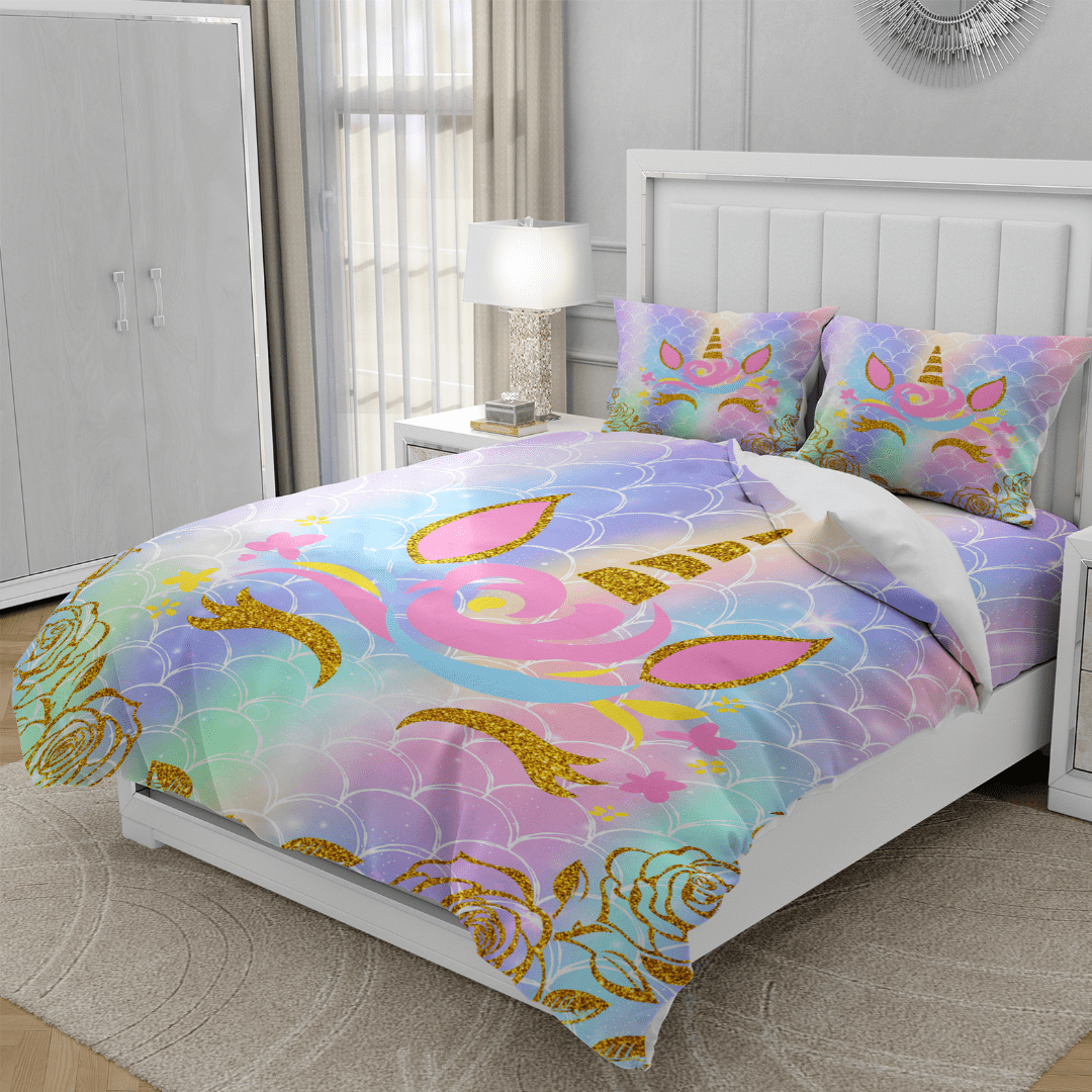 TeasBank 3D Printed Unicorn Comforter Cover Set Rose Gold Flowers Twin ...