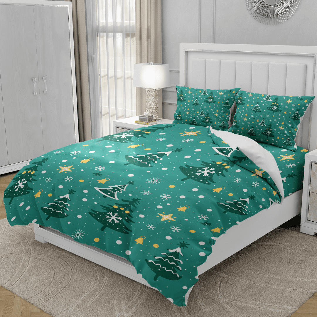 TeasBank Bedding Green Christmas Tree Duvet Cover 3D Printed Snowflake ...