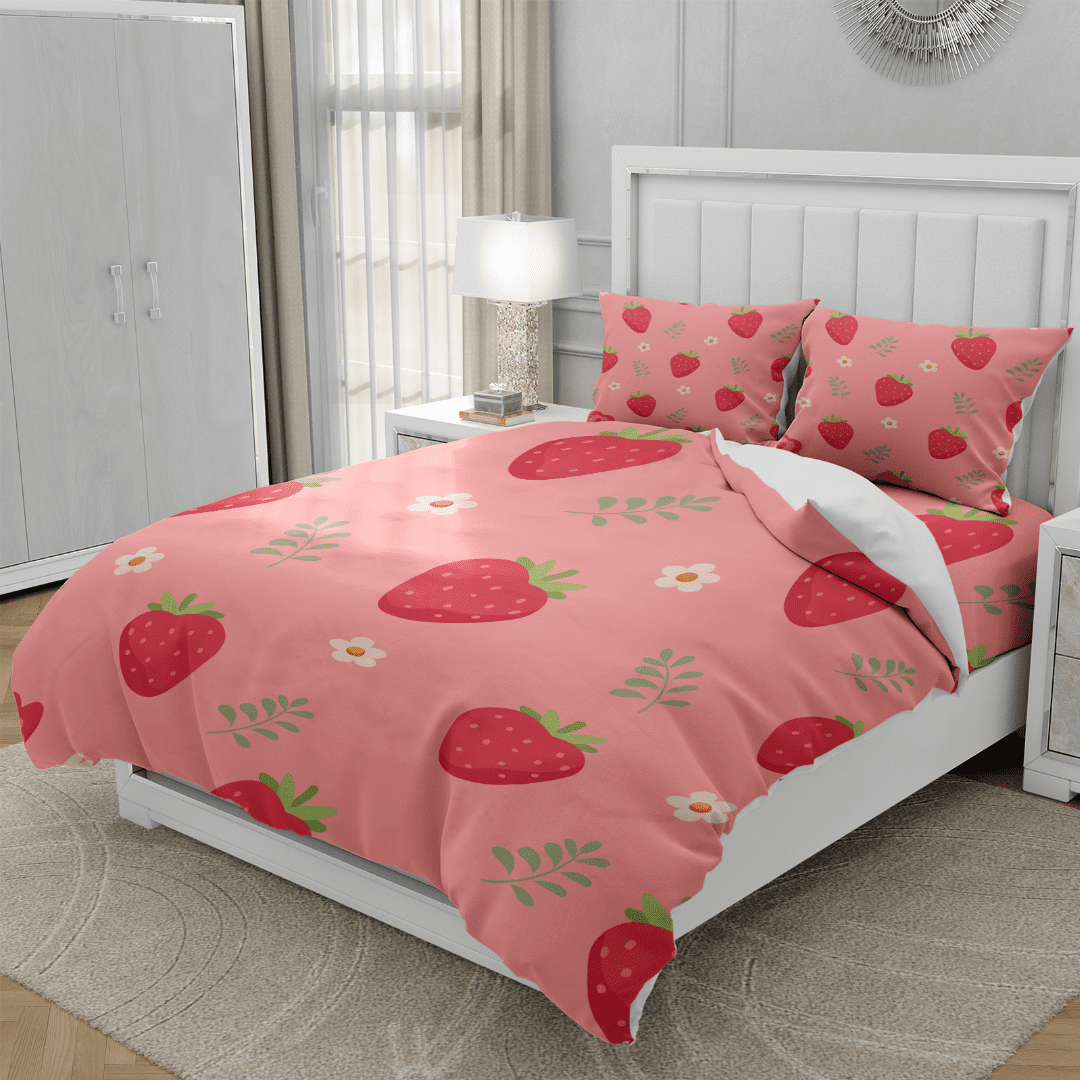 TeasBank Pink Strawberry Duvet Cover Set for Women Bedding Set Fruit ...