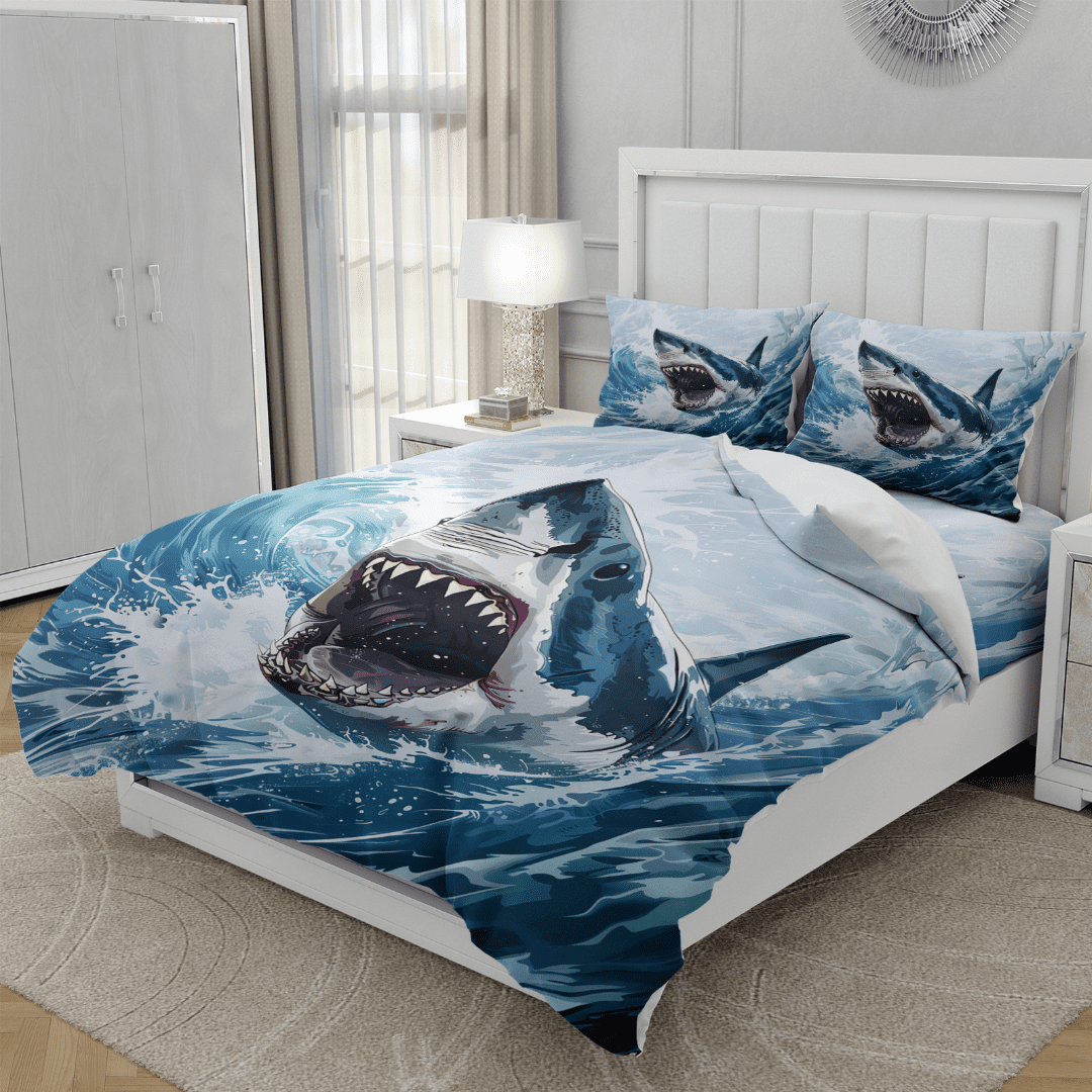 TeasBank Shark Bedding Fierce Shark Duvet Cover Set Twin Size 3D ...