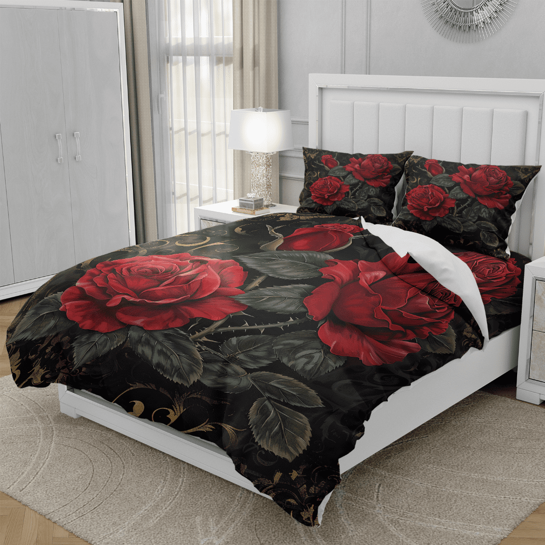 Teasbank 3D Printed Red Flower Comforter Cover Set for Adult Bud Roses ...