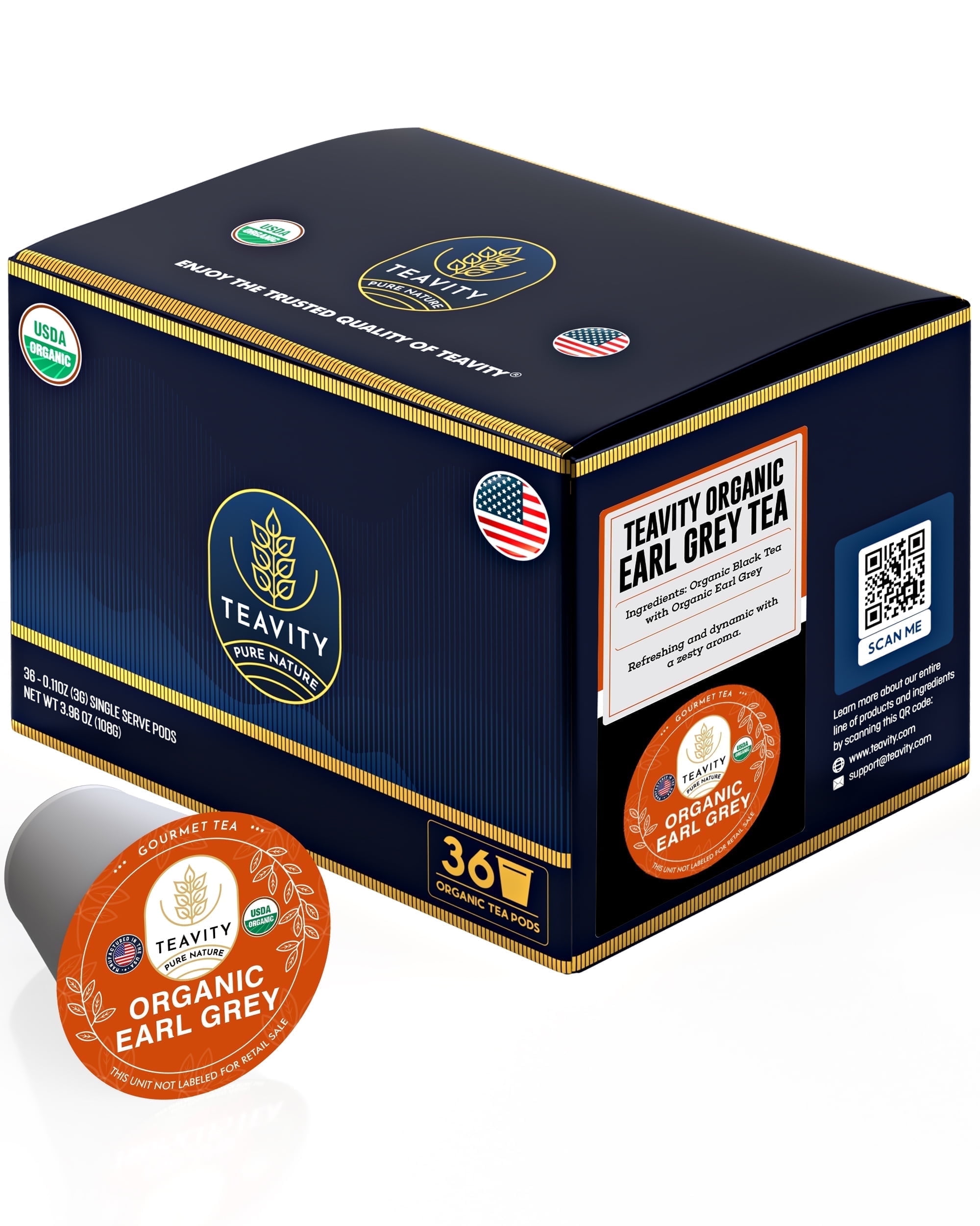 Teavity Organic Earl Grey Black Tea Pods, Naturally Caffeinated, 36 ...