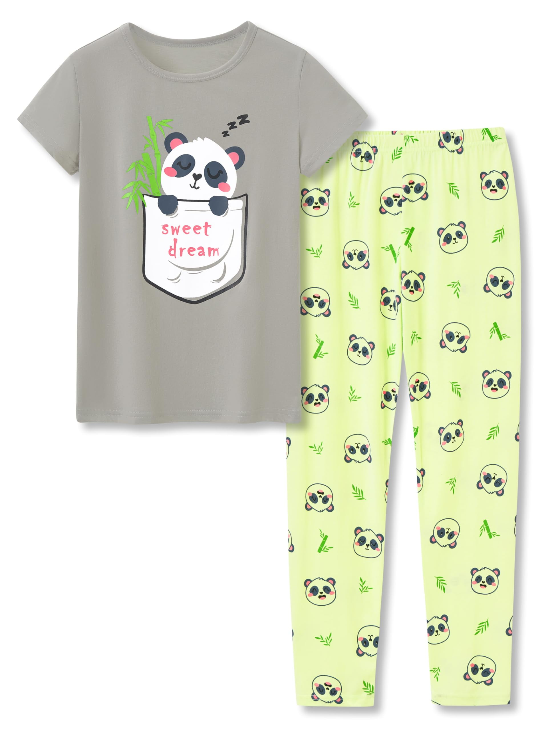 Tebbis Big Girls Cotton Pajamas Cute Panda Short Sleeve & Pants 2-Piece ...