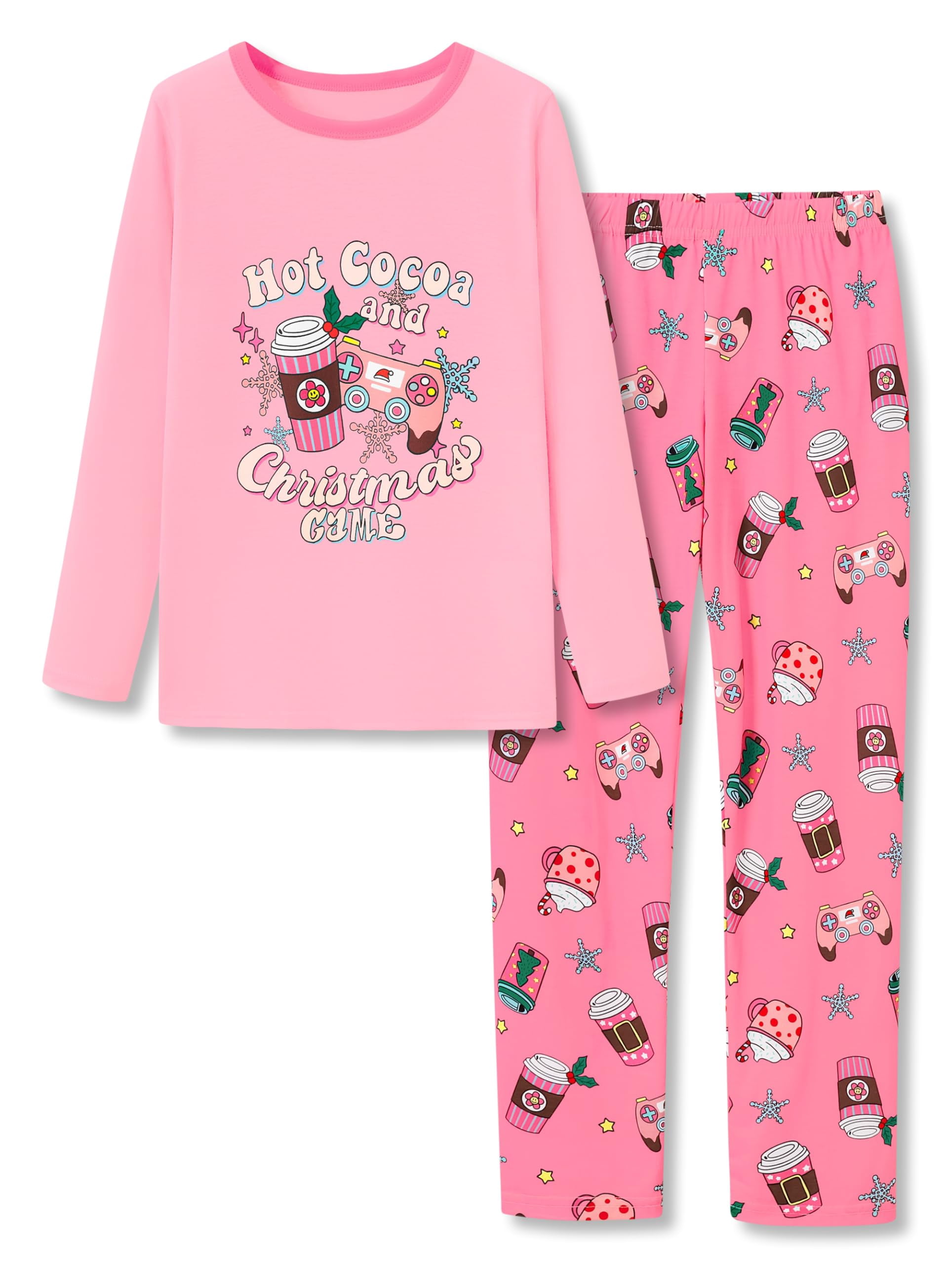 Beezizac Christmas Cute Pink Hot Cocoa Game Pajamas for Girls Soft Long ...