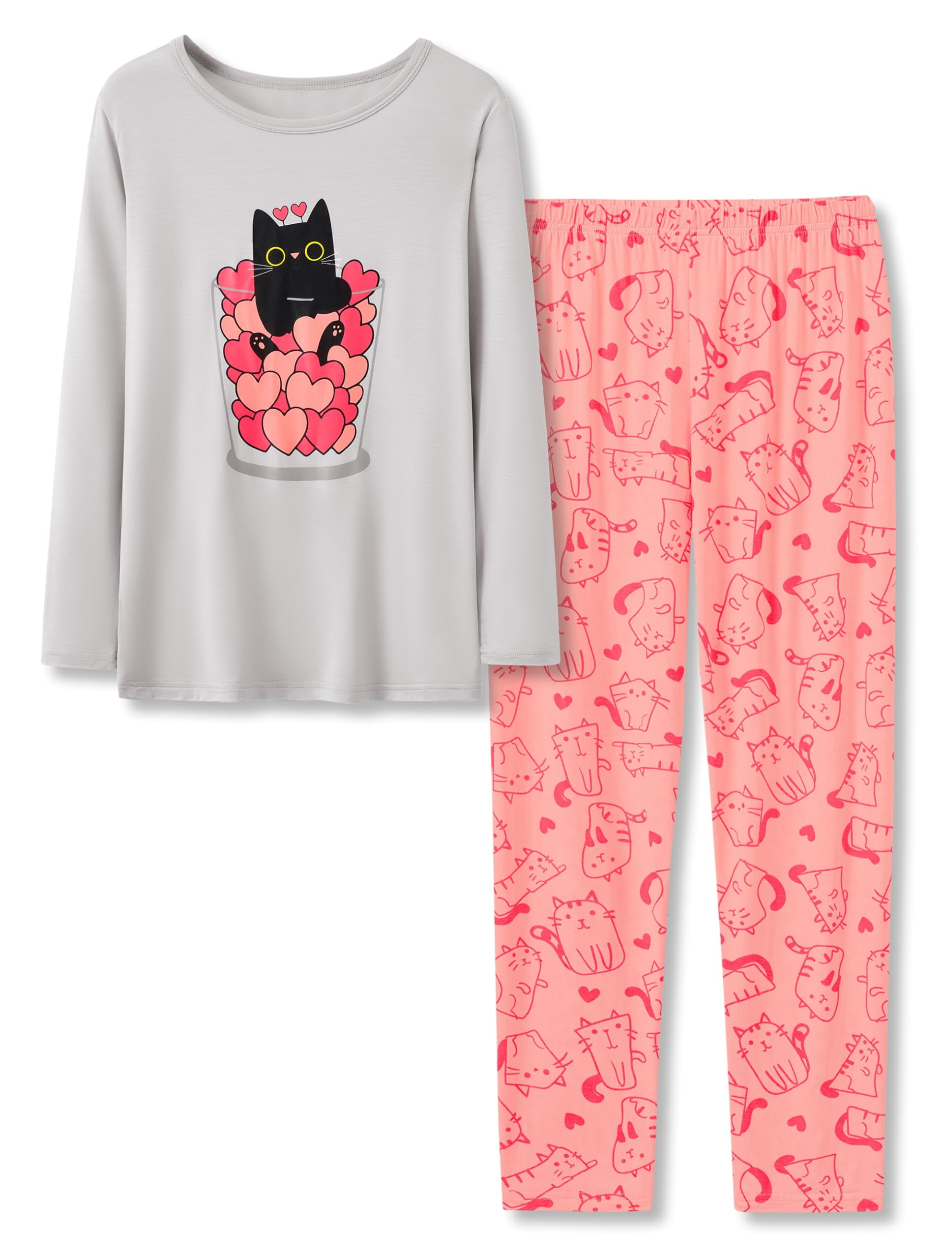 Tebbis Coral Cat Pajamas for Girls Modal Fiber Long Sleeve & Pants Pj ...