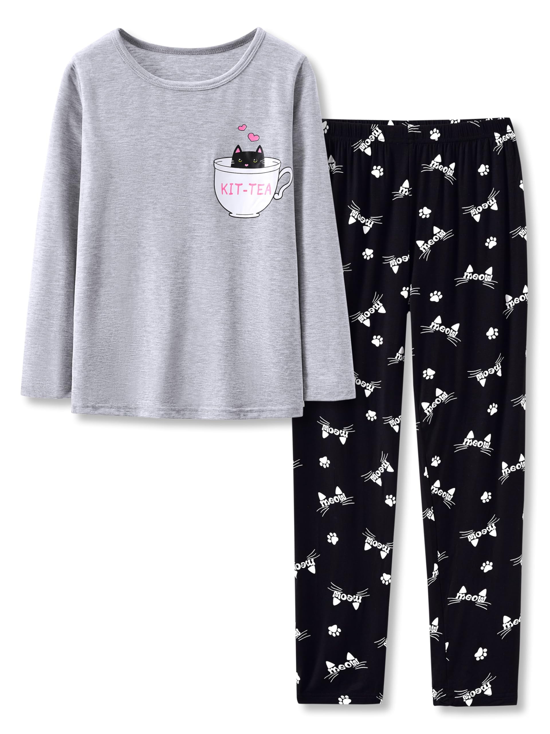 Tebbis Cute Cat Pajamas for Girls Modal Fiber Long Sleeve & Pants Pj ...