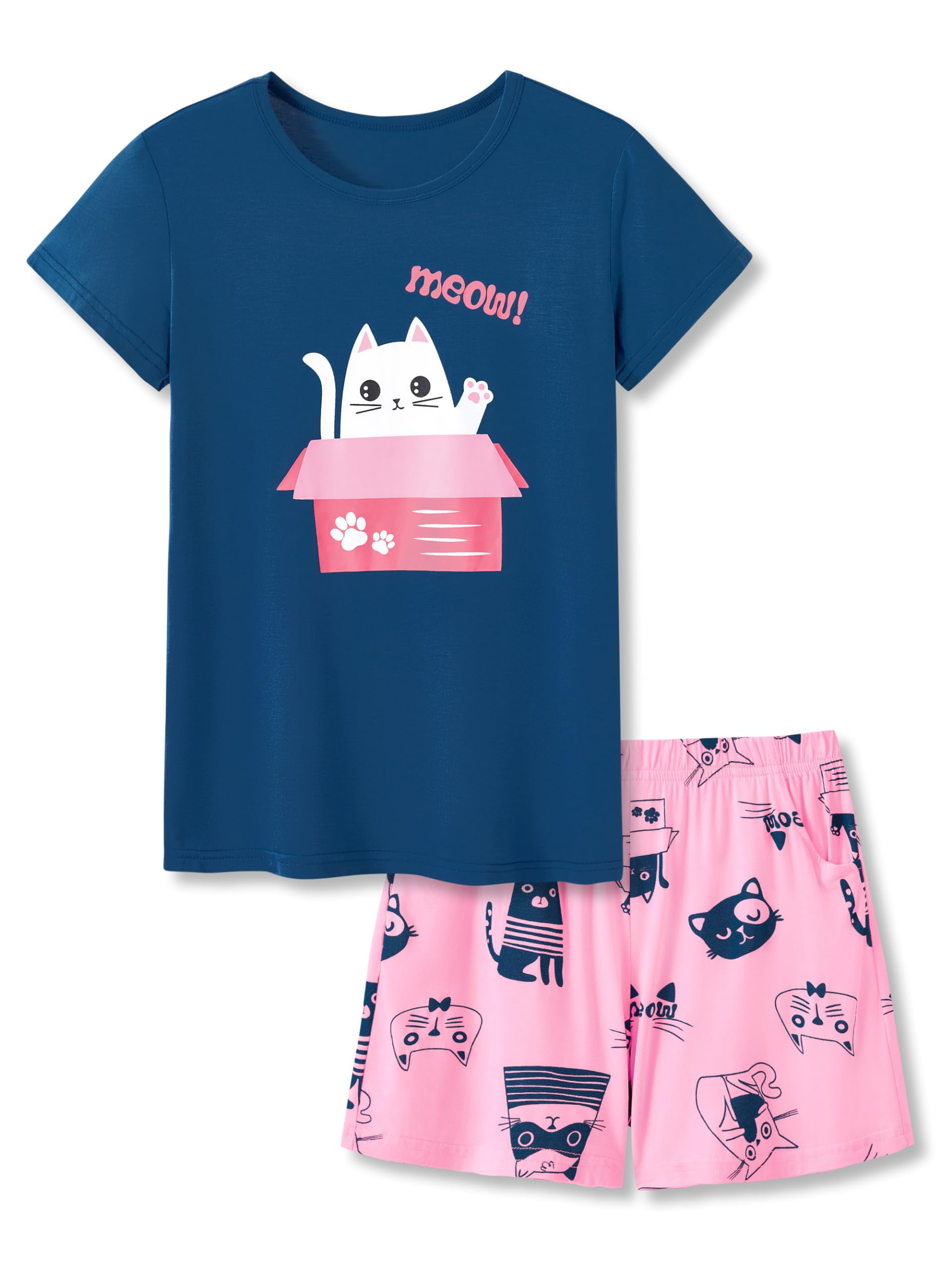 Tebbis Cute Cat Pajamas for Girls Modal Fiber Tee & Shorts Pj Set Tween ...