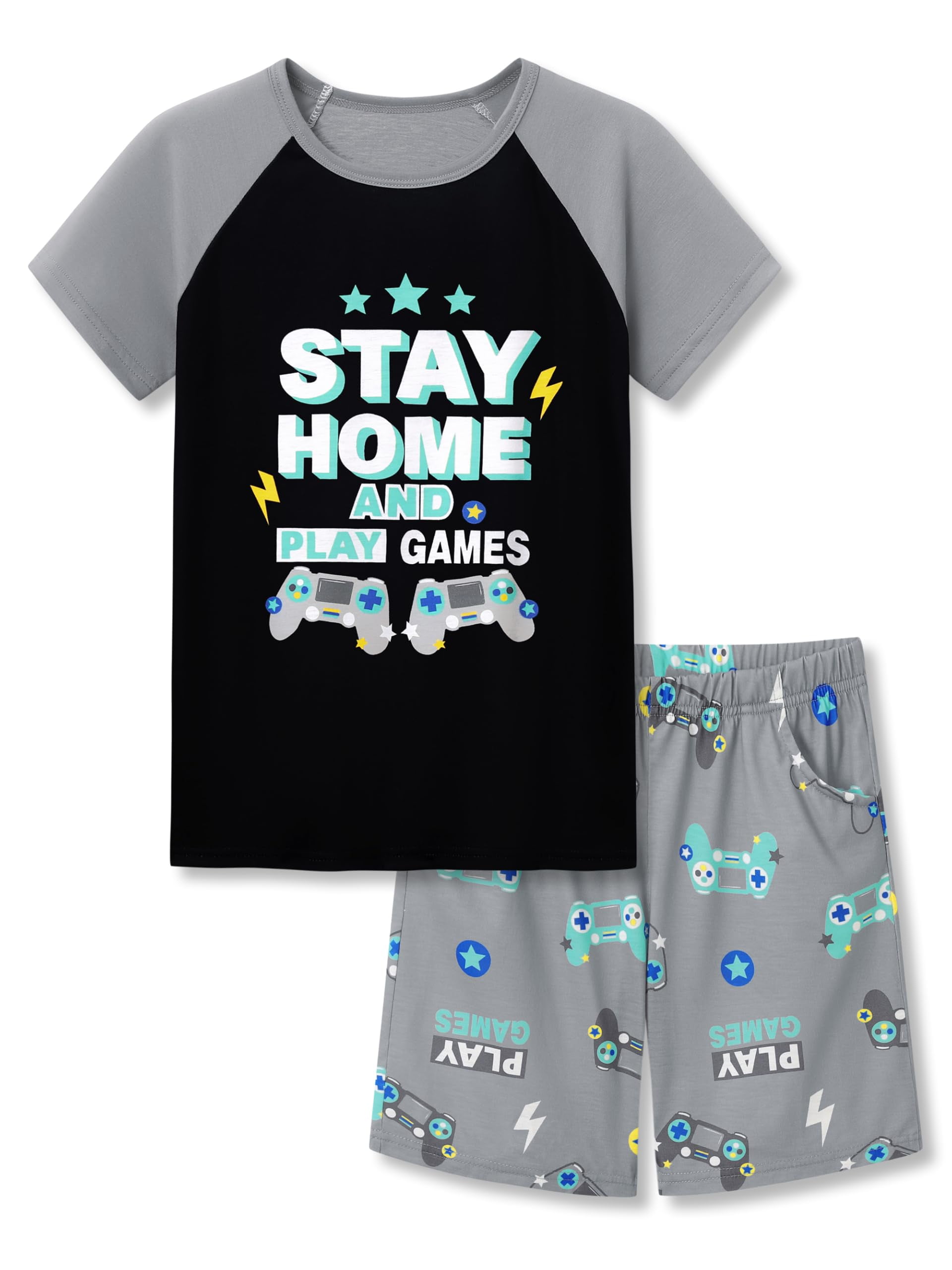 Tebbis Pajamas For Big Boys Games Black & Gray Short Sleeves 2-Piece ...