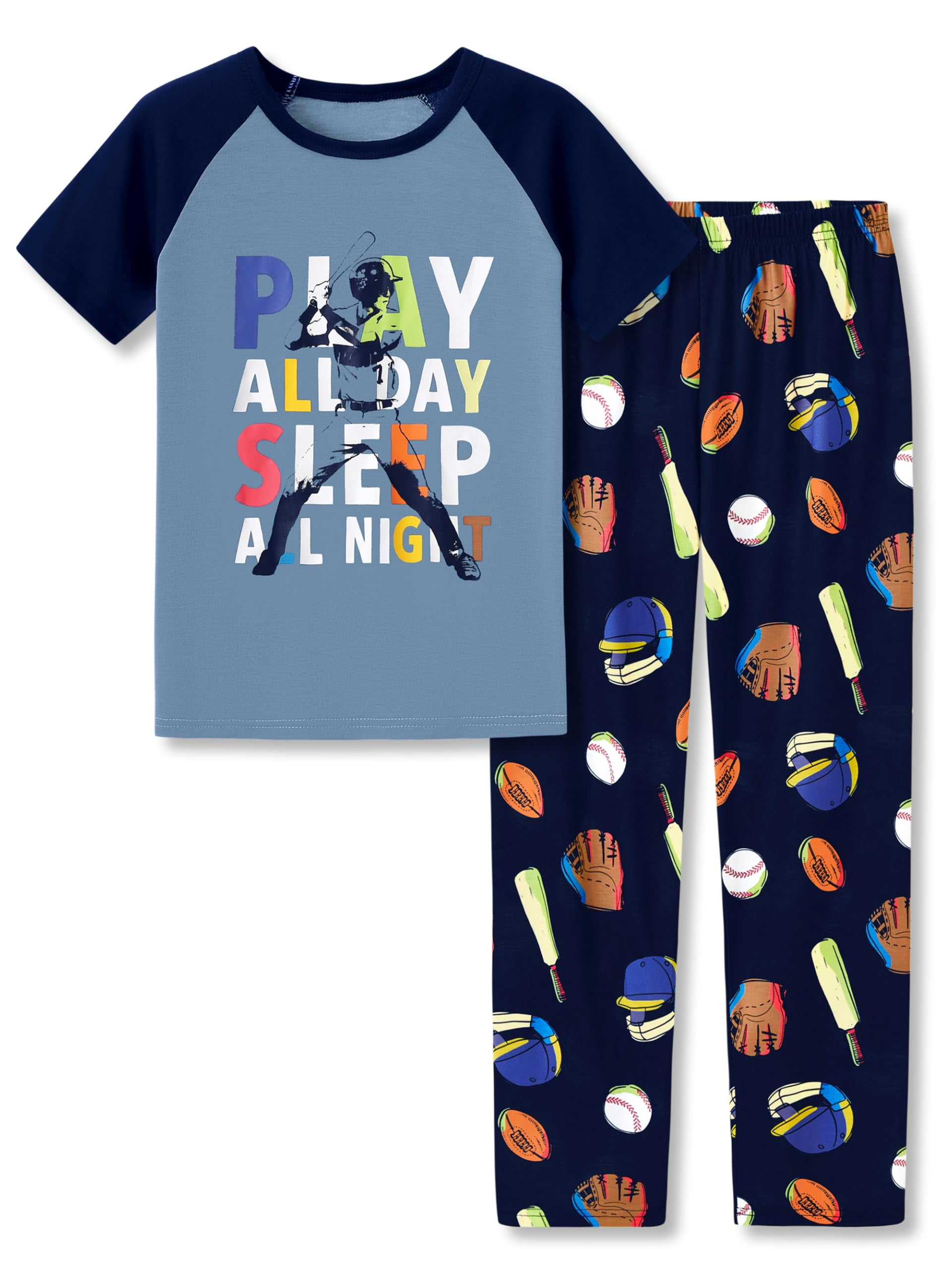 Tebbis Pajamas For Boys Fun Baseball Navy Blue Short Sleeves & Pants 2 ...