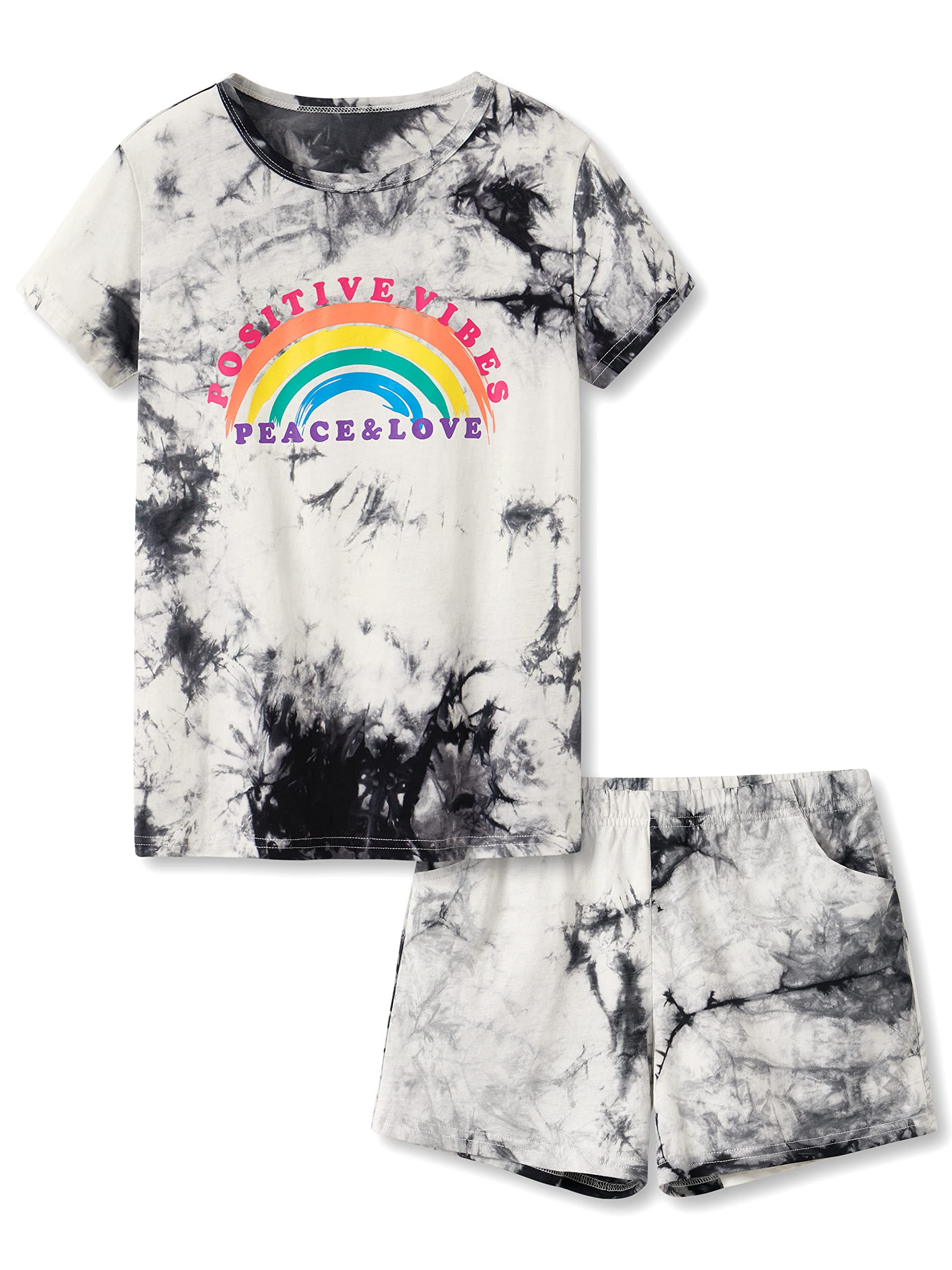 Tebbis Rainbow Tie Dye Pajamas for Girls 100% Cotton PJ Shorts Lounge ...