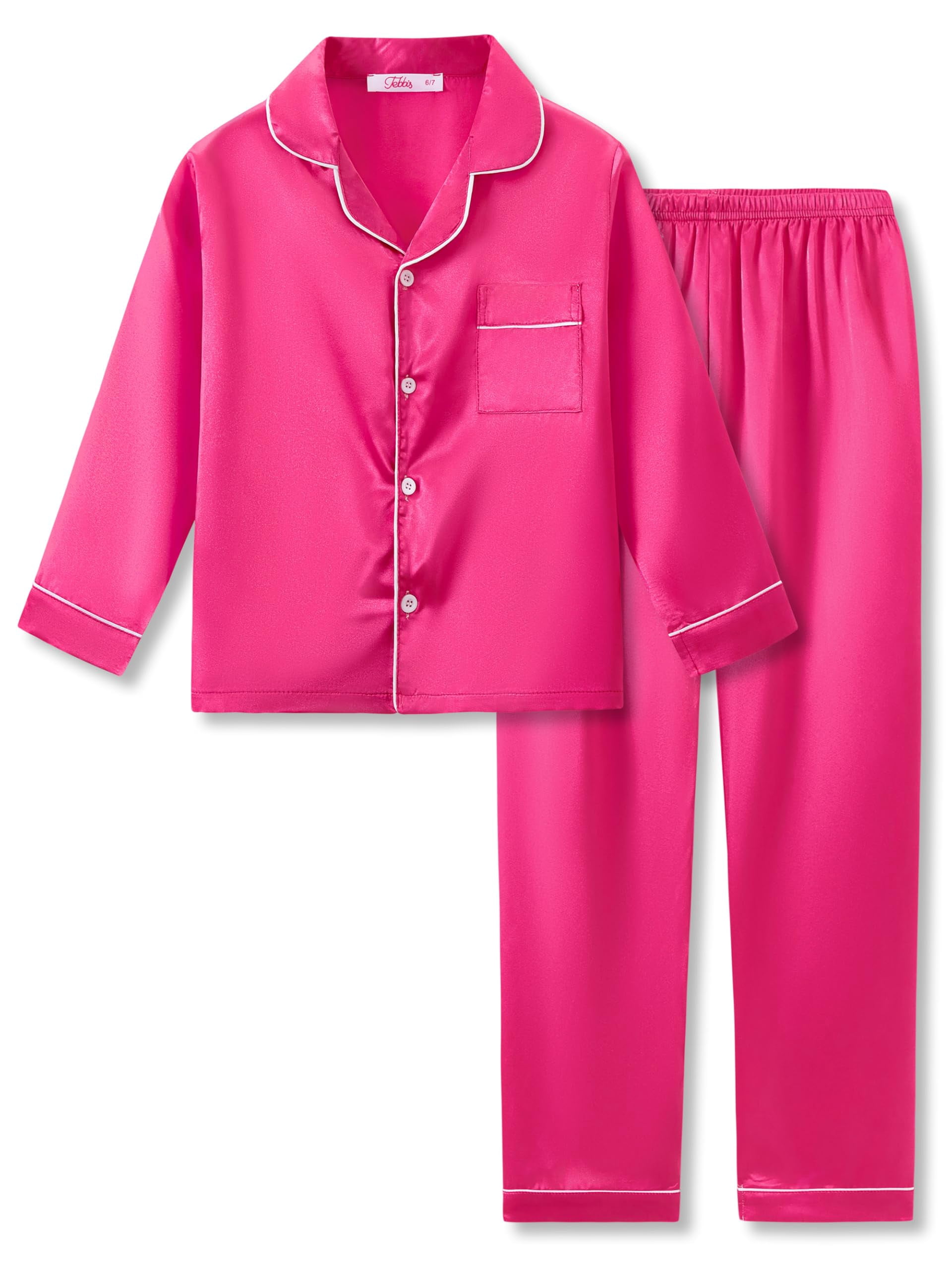 Tebbis Satin Pajamas for Girls - Neon Pink Cute Silky Long Sleeves ...