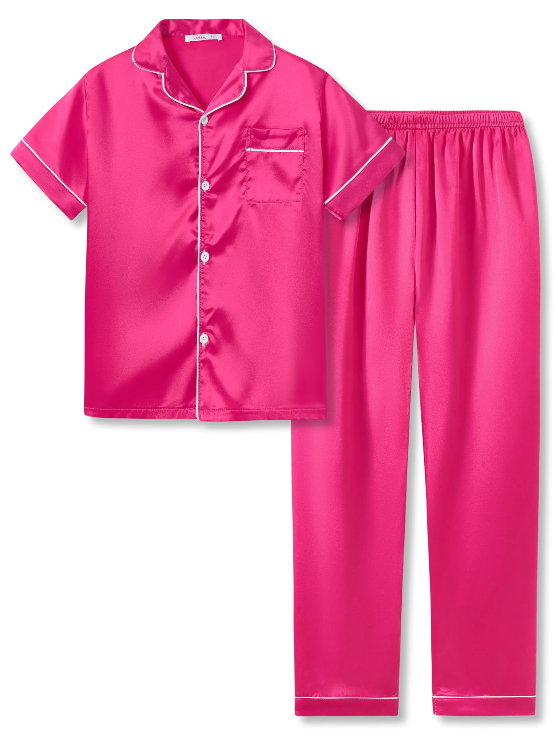 Beezizac Satin Pajamas for Girls - Neon Pink Cute Silky Short Sleeves ...