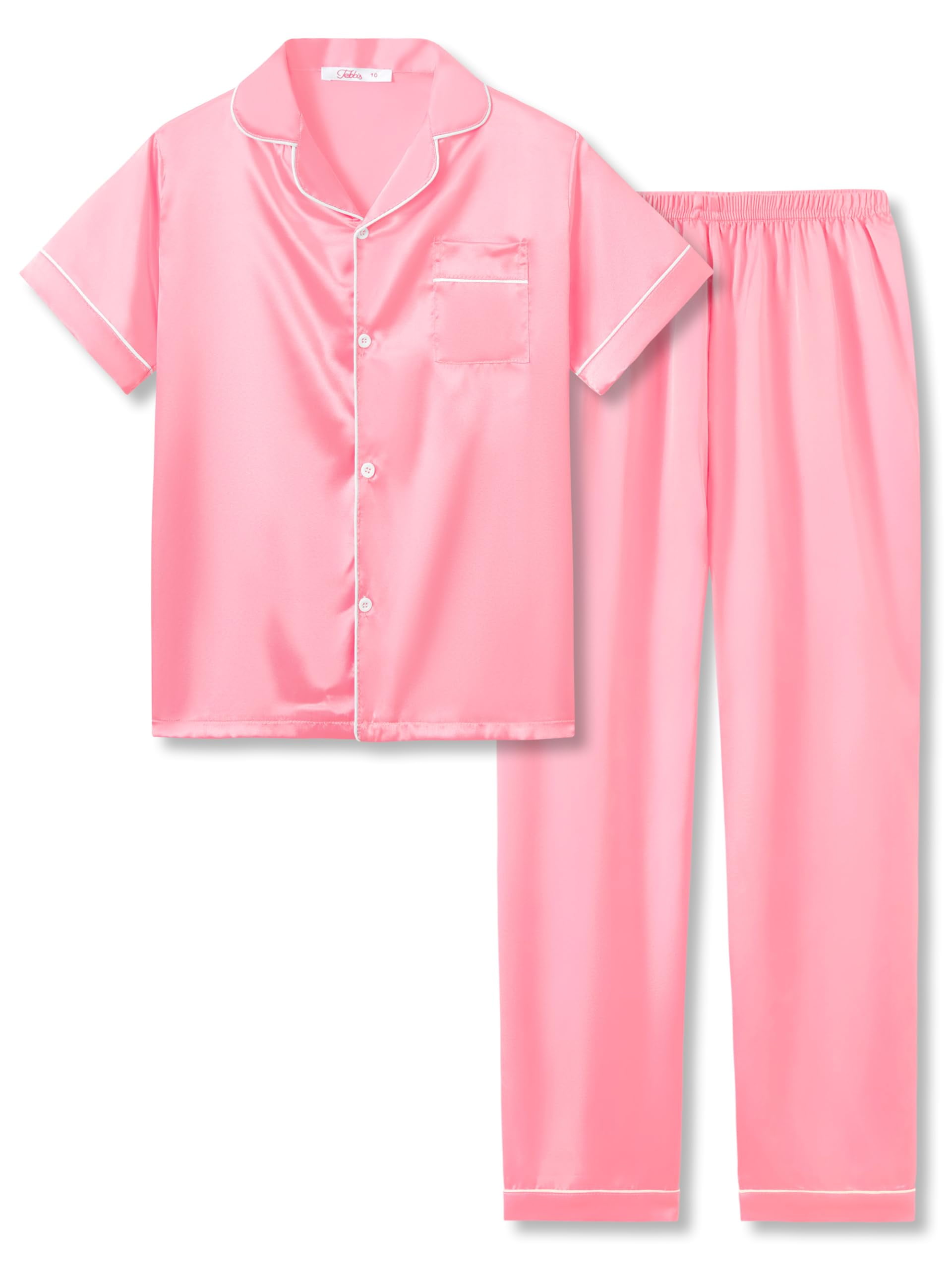Tebbis Satin Pajamas for Girls - Pink Cute Silky Short Sleeves & Pants ...