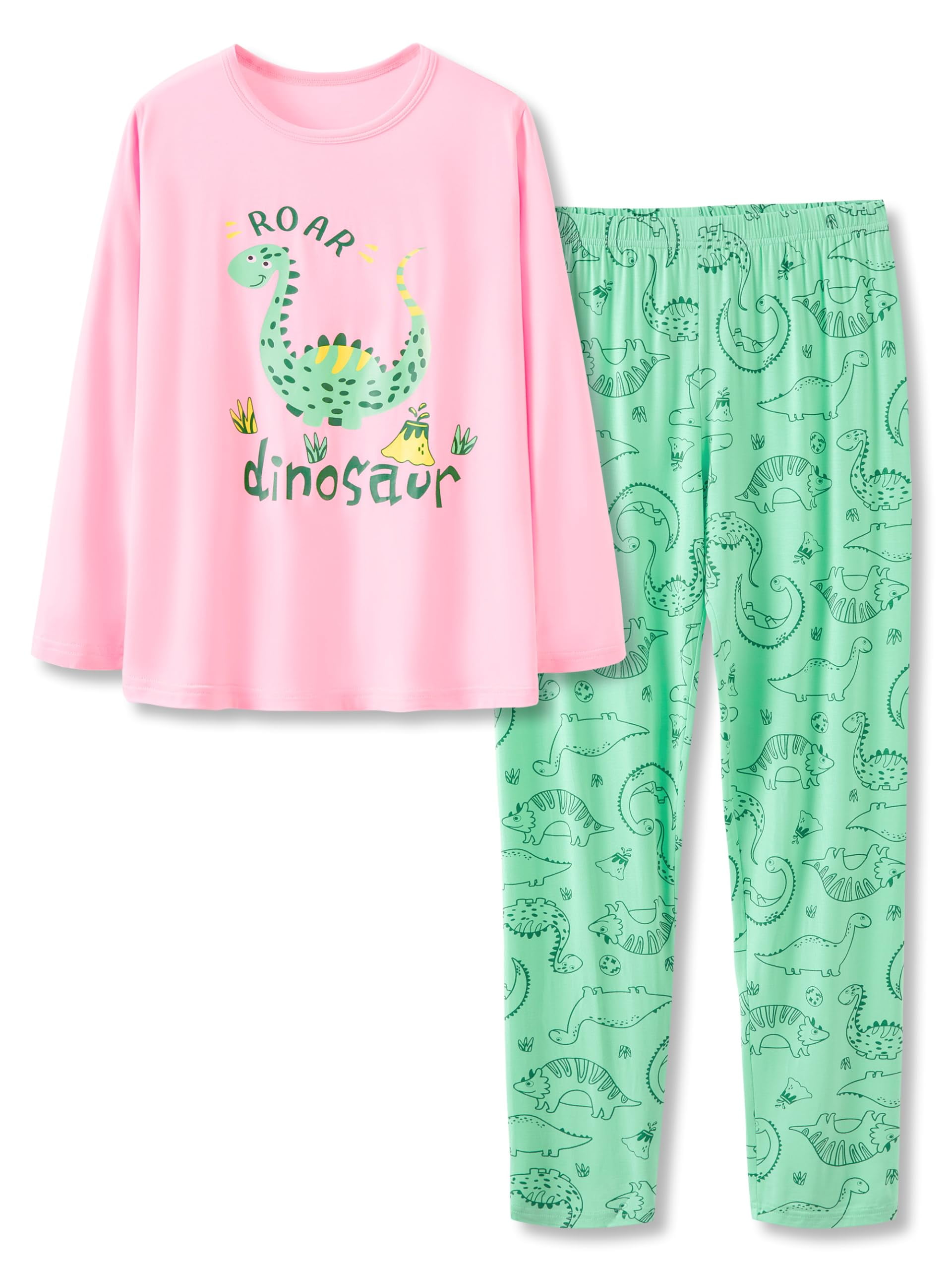Tebbis Soft Winter Modal Green Dinosaur Pajamas for Girls Long Sleeve ...