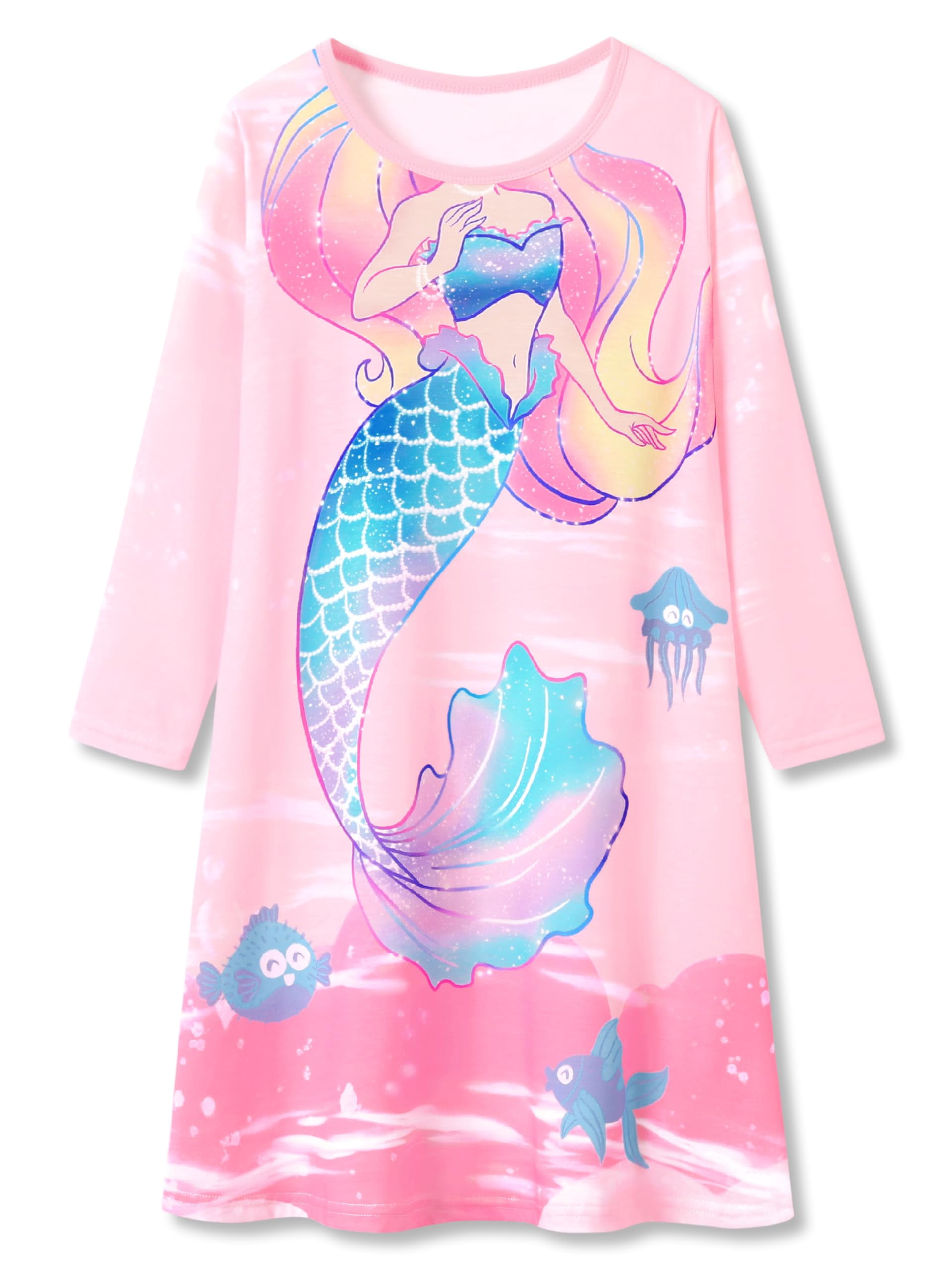 Tebbis Teen Girls Nightgown – Soft Long Sleeves Sleepwear Pink Mermaid ...